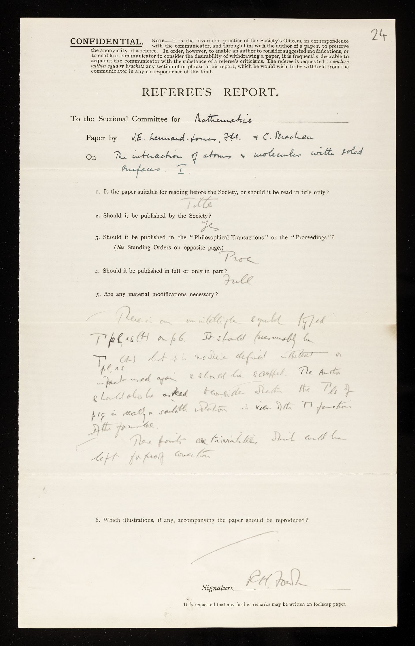 Referee's report by Ralph Howard Fowler, on a paper 'The interaction of ...