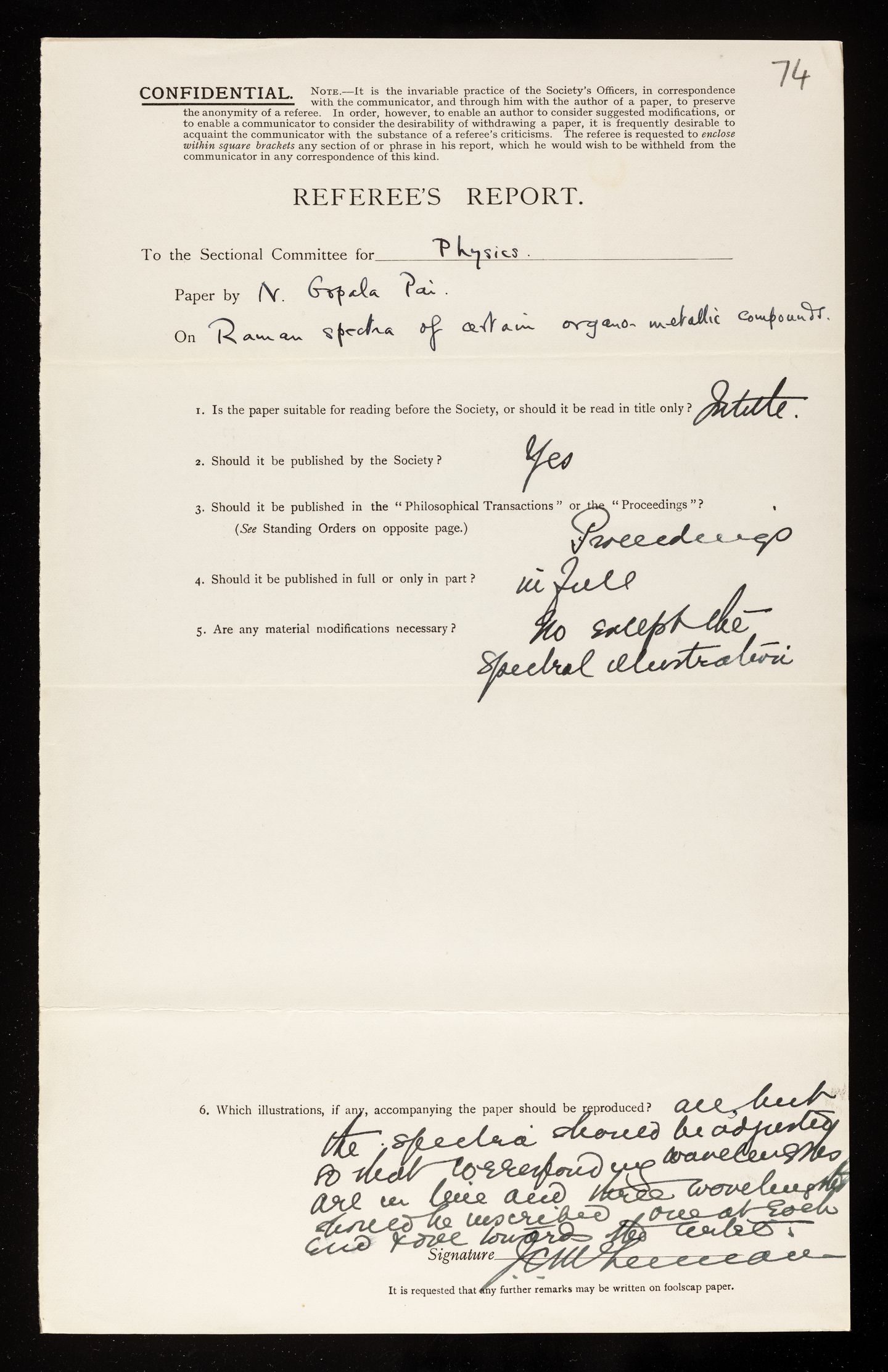 Referee's report by John Cunningham McLennan, on a paper 'Raman spectra ...