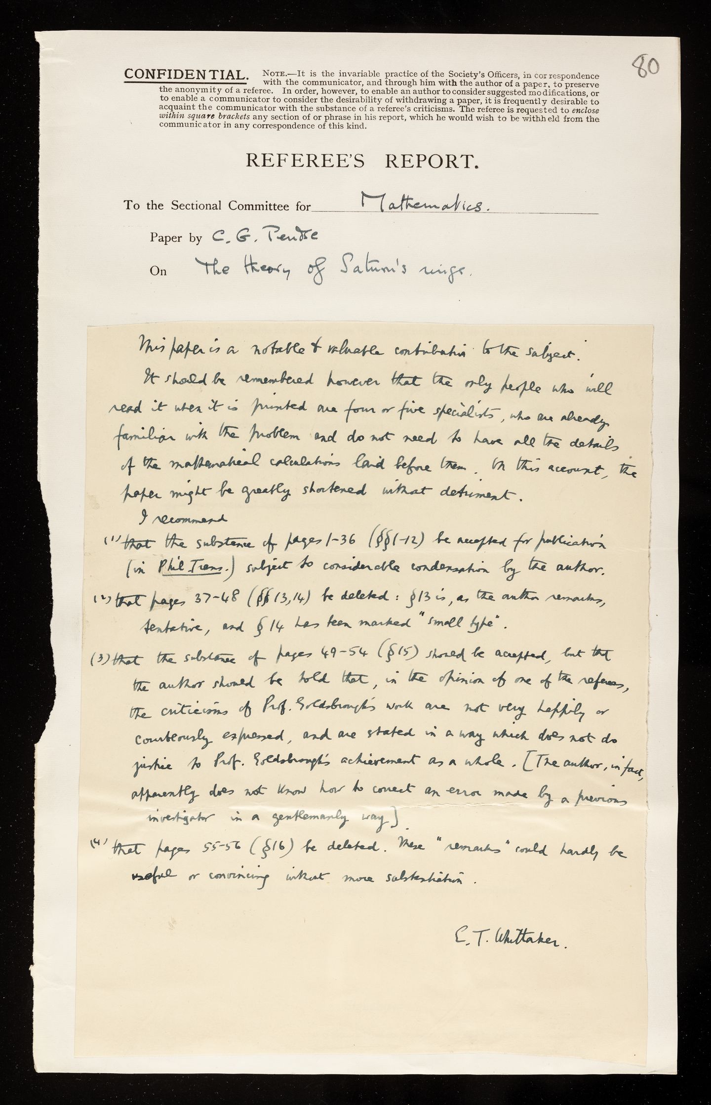 Referee's report by Edmund Taylor Whittaker, on a paper 'The theory of ...