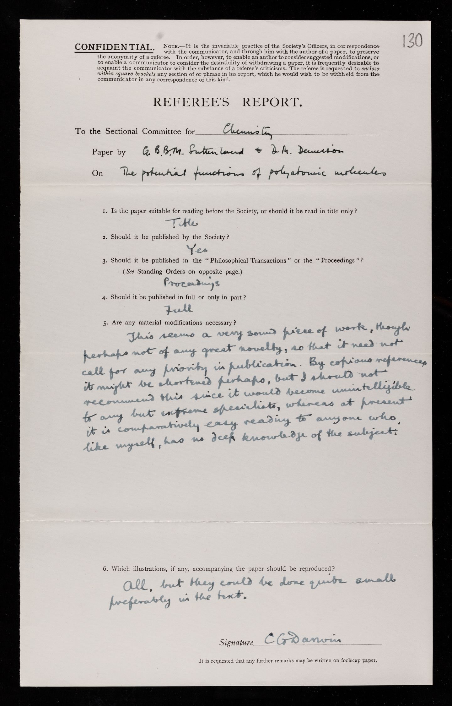 Referee's report by Charles Galton Darwin, on a paper 'The potential ...
