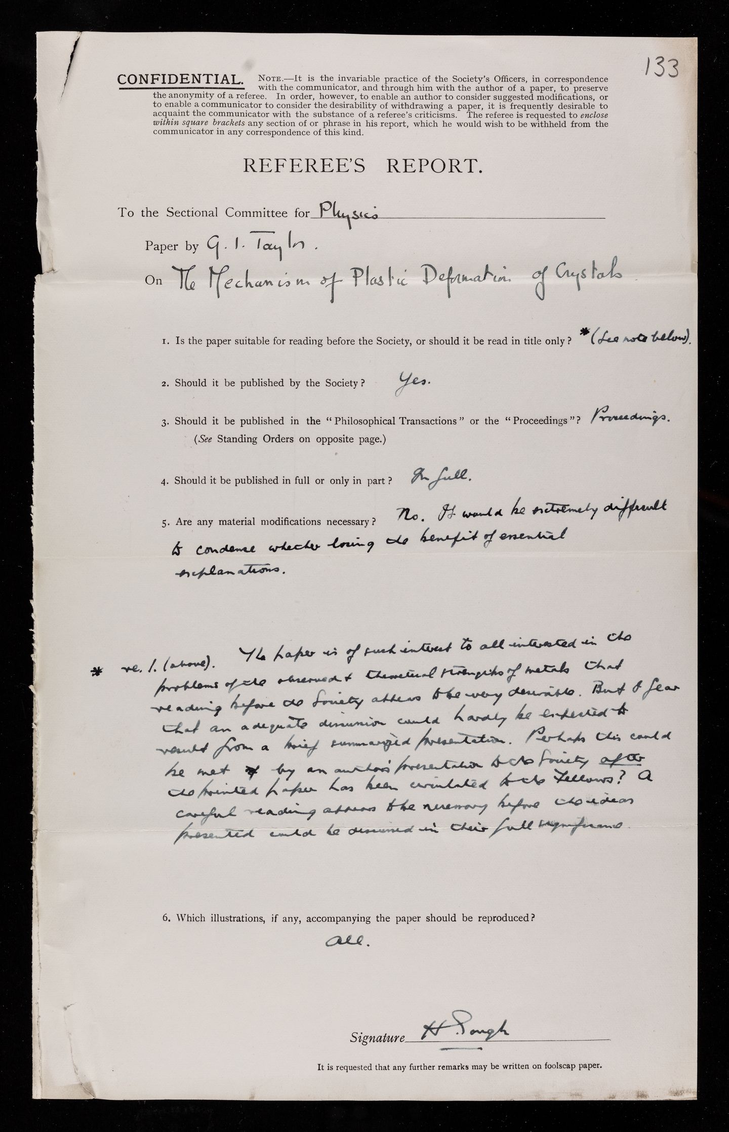 Referee's report by Herbert John Gough, on a paper 'The mechanism of plastic deformation of ...