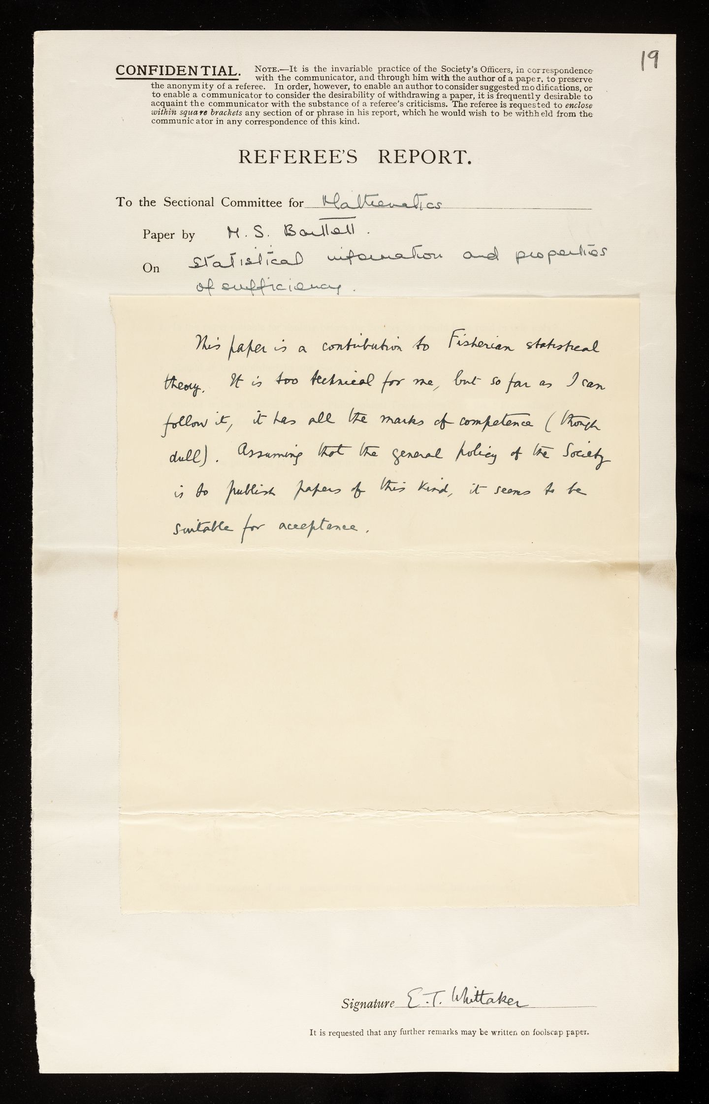 Referee's report by Edmund Taylor Whittaker, on a paper 'Statistical ...