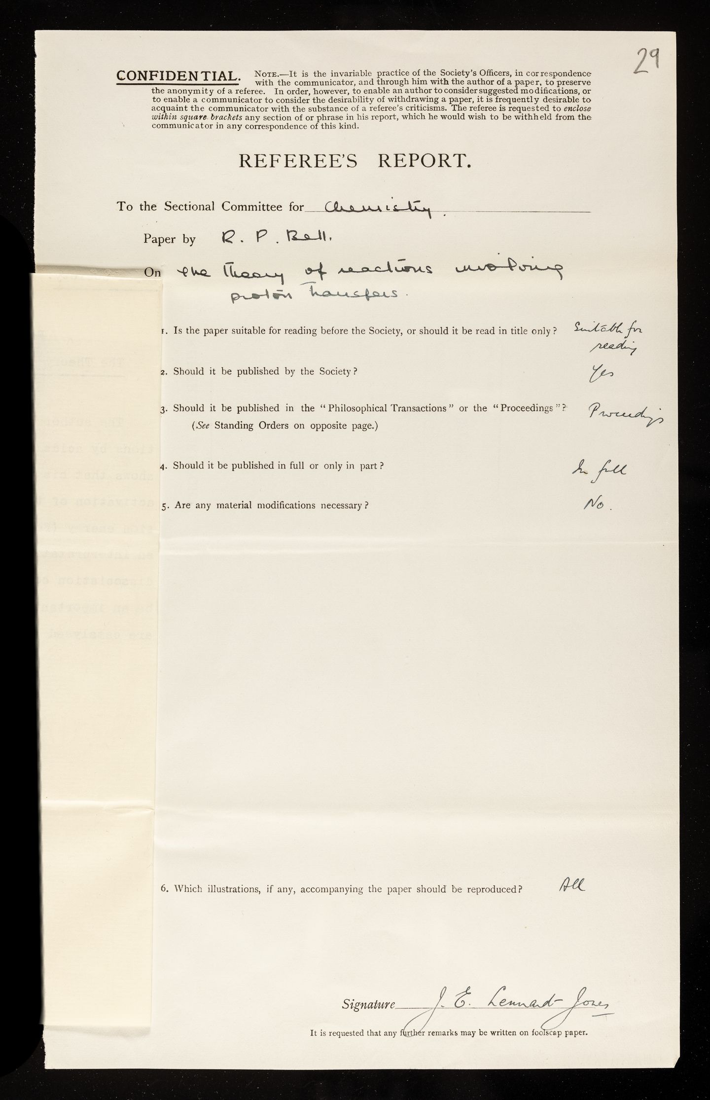 Referee's report by John Edward Lennard-Jones, on a paper 'The theory of reactions involving ...