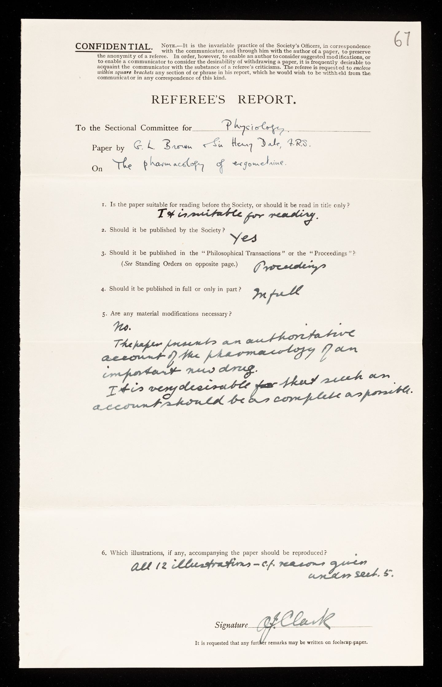 Referee's report by Alfred Joseph Clark, on a paper 'The pharmacology ...