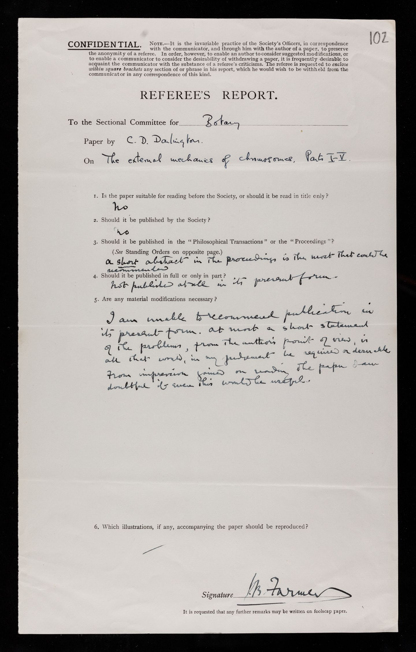 Referee's report by John Bretland Farmer, on a paper 'The external mechanics of the chromosomes ...