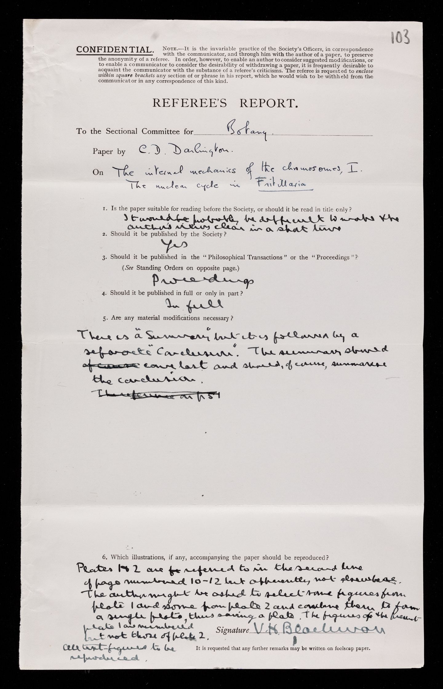 Referee's report by Vernon Herbert Blackman, on a paper 'The internal mechanics of the ...