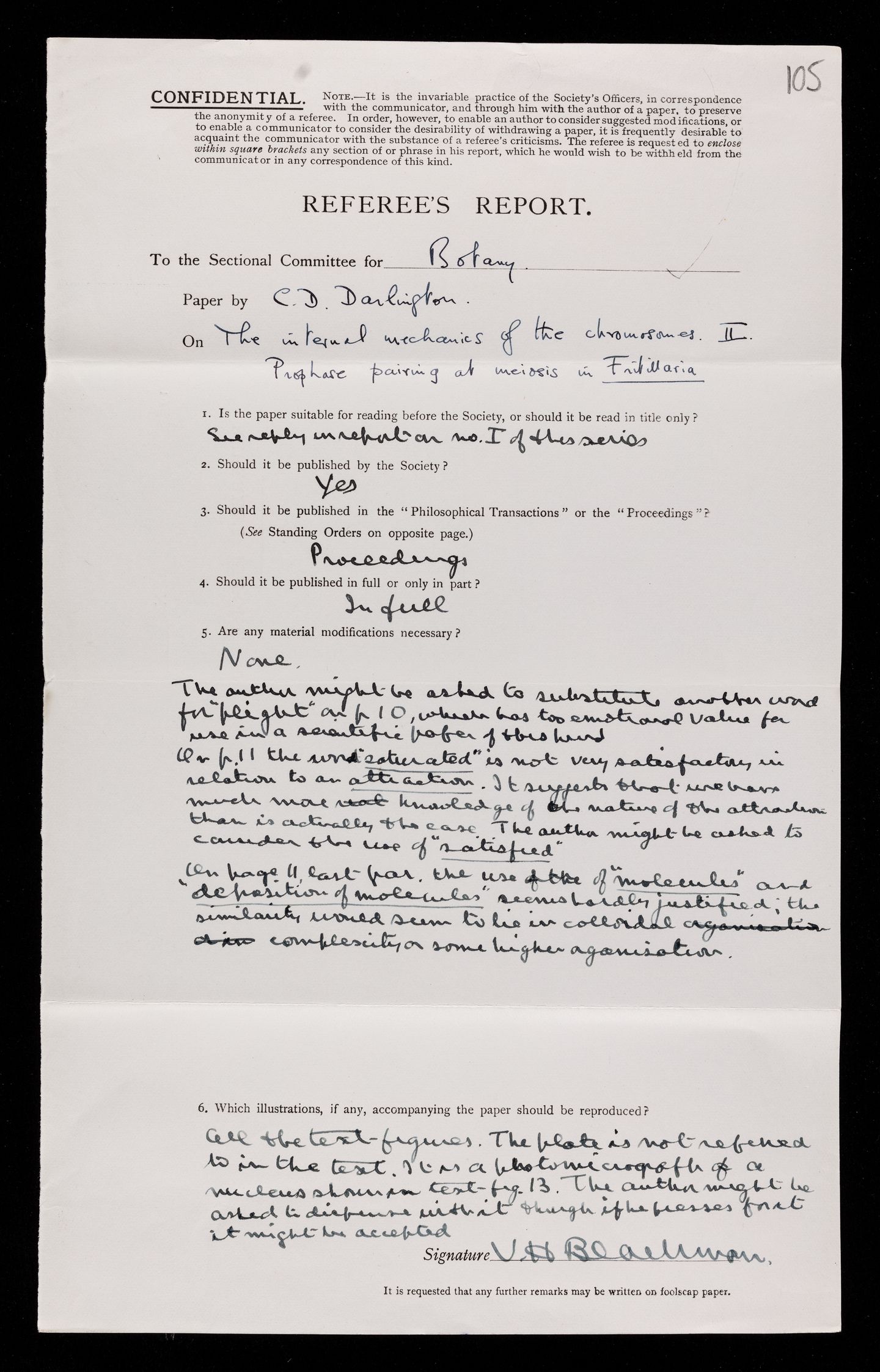 Referee's report by Vernon Herbert Blackman, on a paper 'The internal mechanics of the ...