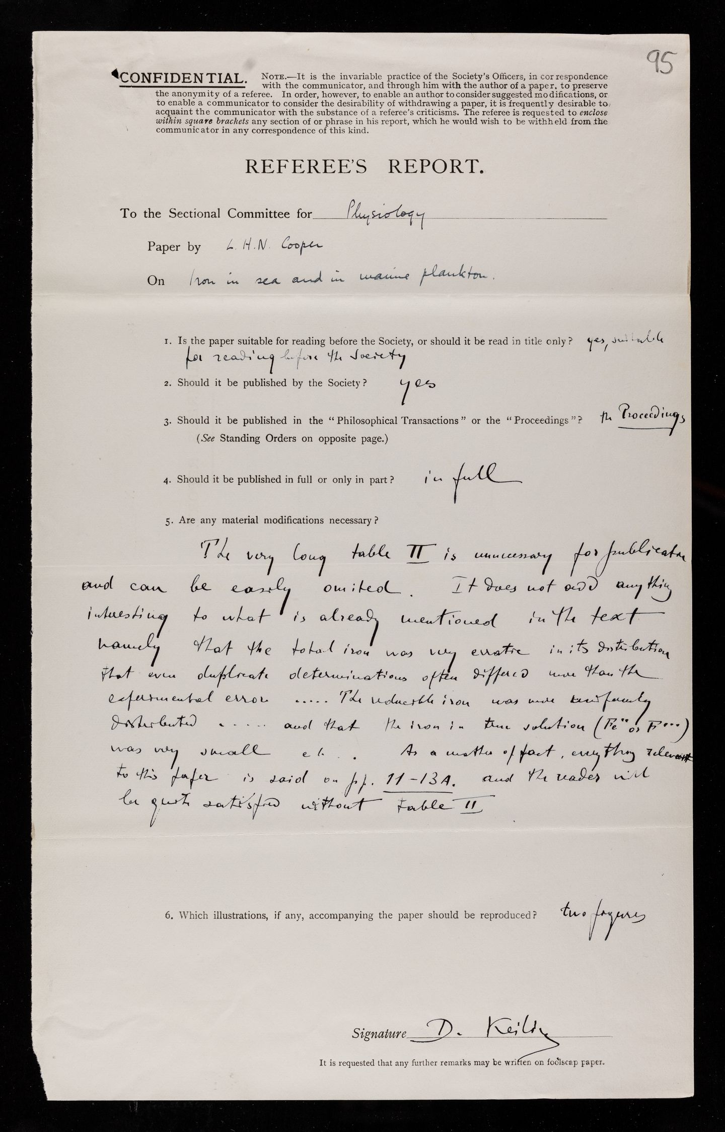 Referee's report by David Keilin, on a paper 'Iron in the sea and in ...