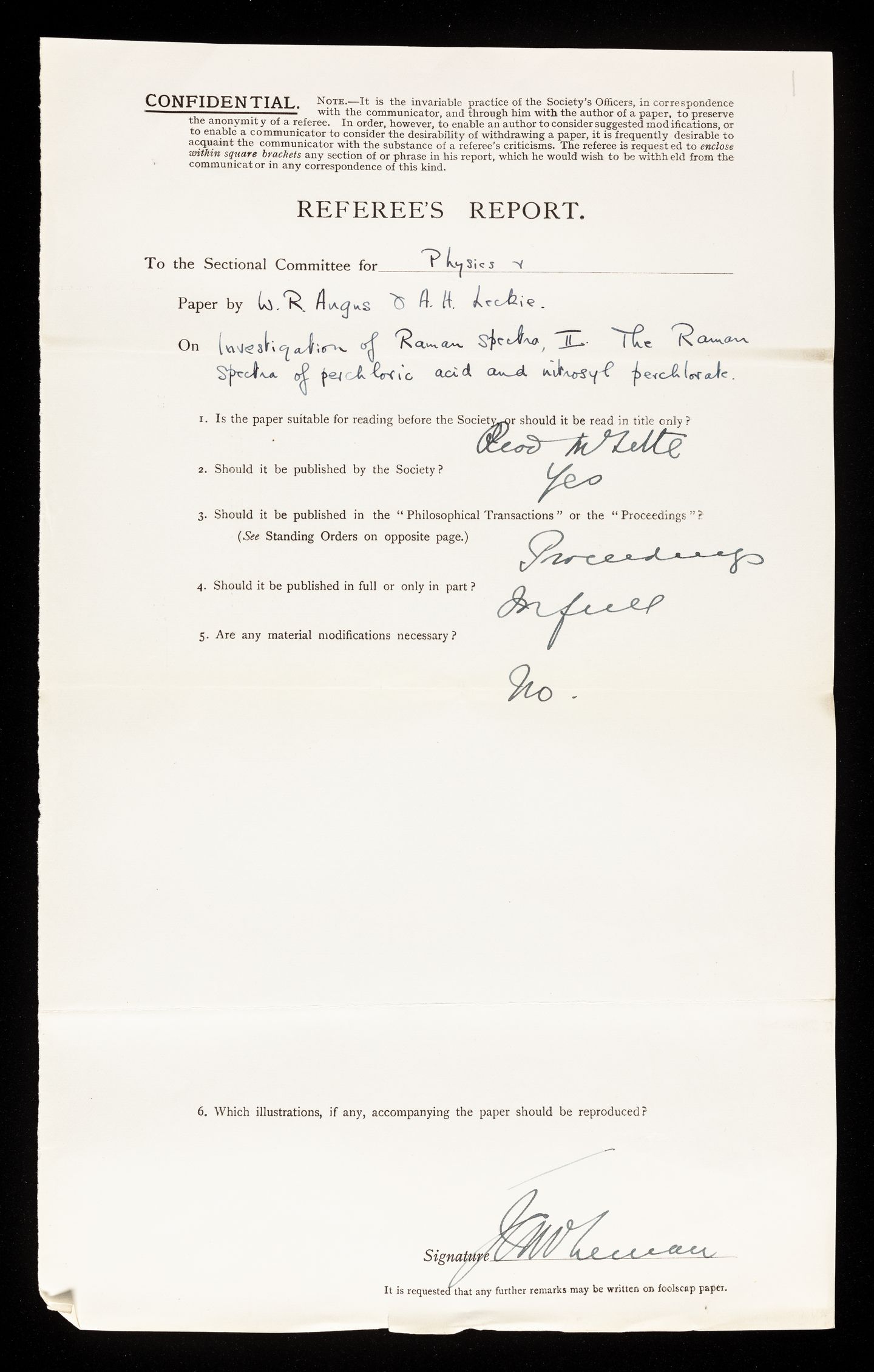 Referee's report by John Cunningham McLennan, on a paper 'Investigations of raman spectra II—The ...