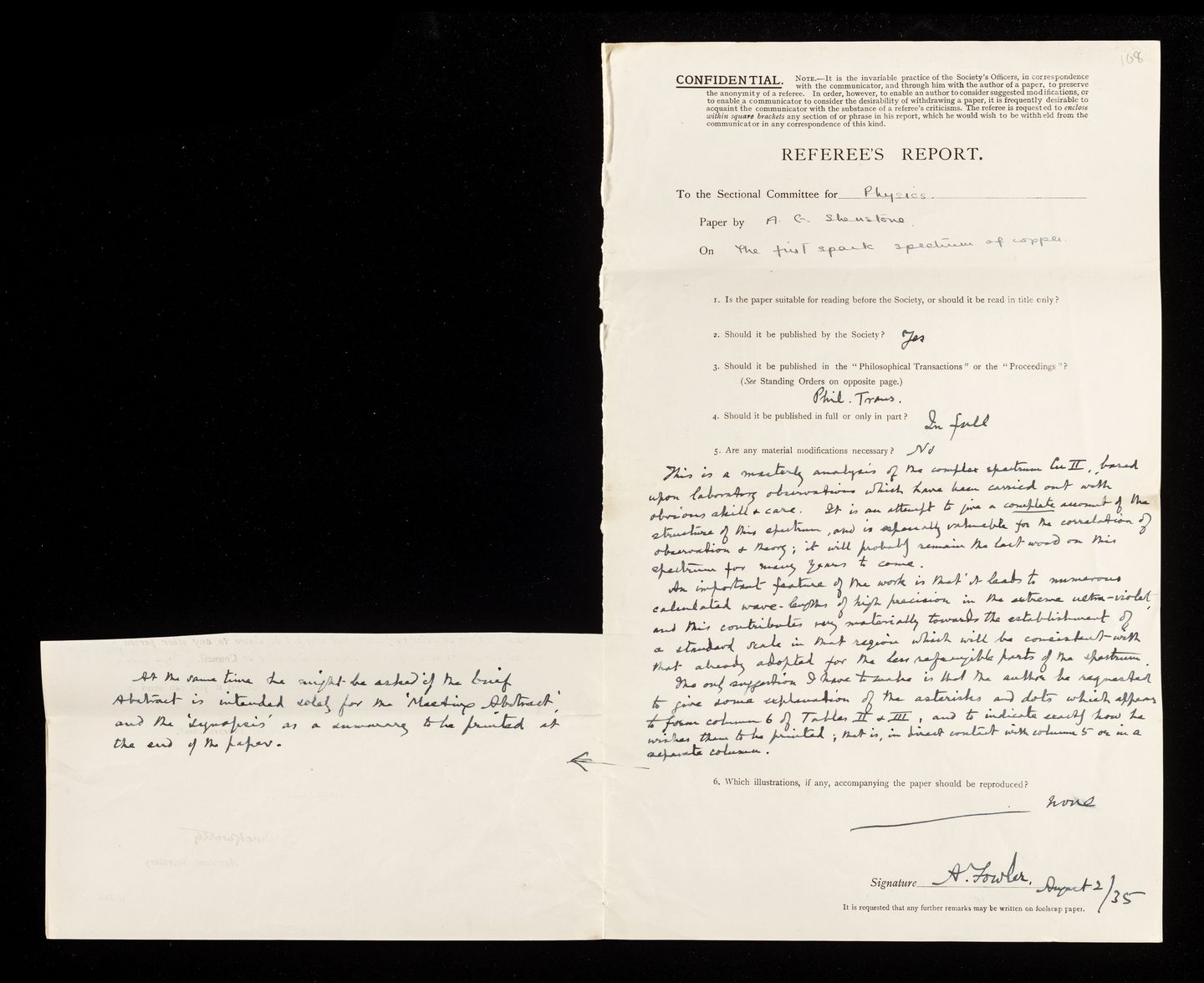 Referee's report by Alfred Fowler, on a paper 'The first spark spectrum ...