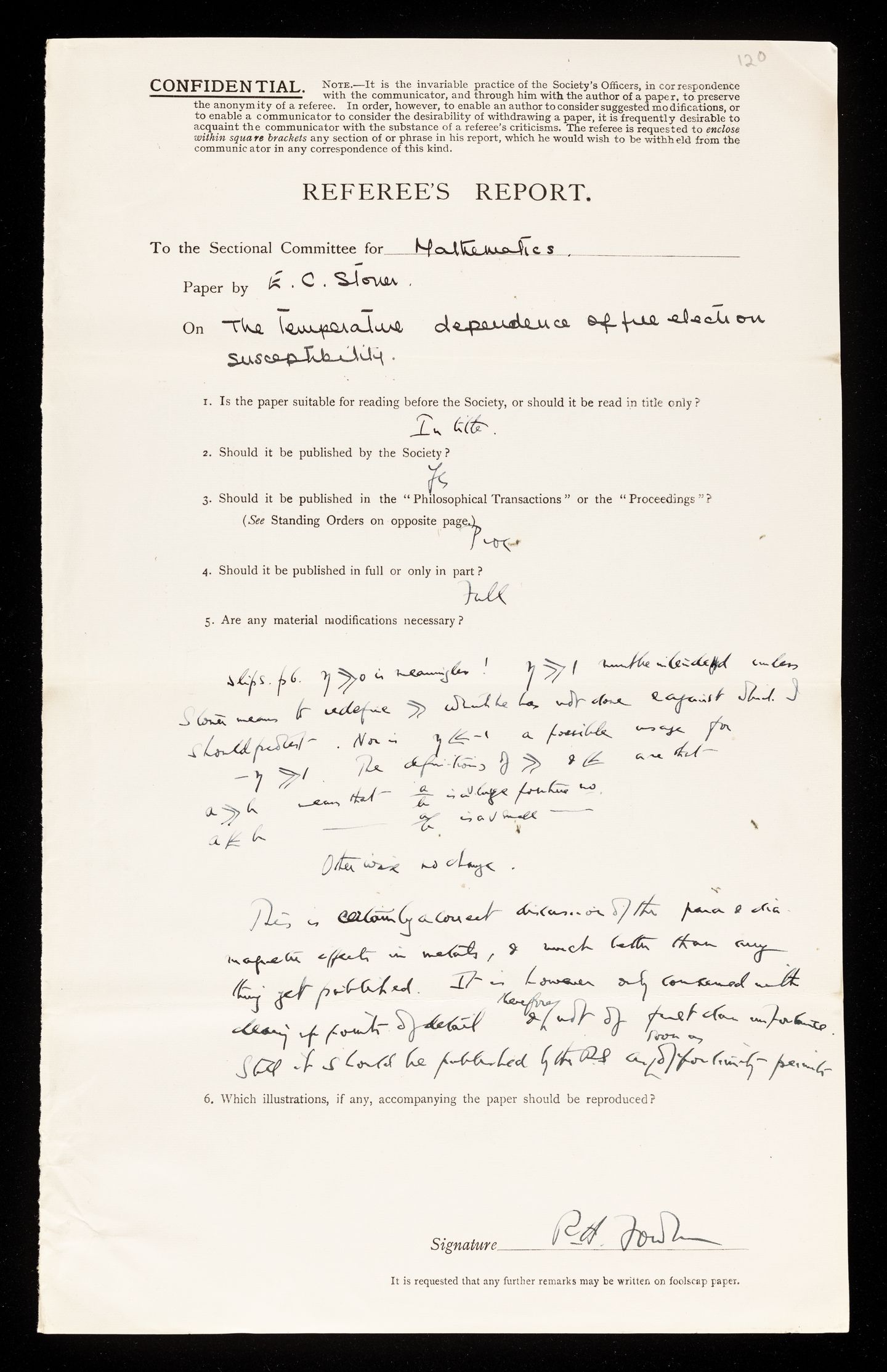 Referee's report by Ralph Howard Fowler, on a paper 'The temperature ...