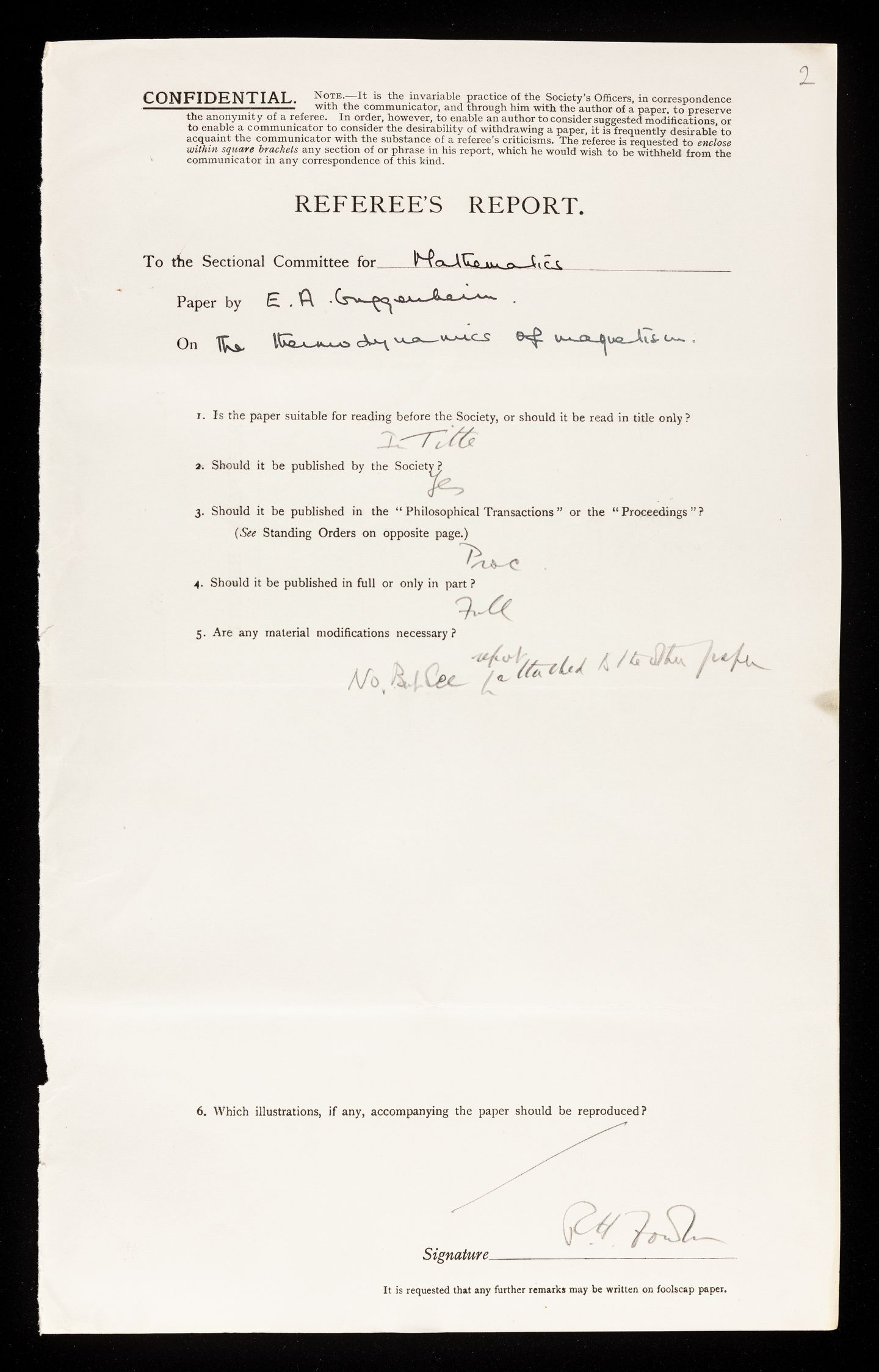 Referee's report by Ralph Howard Fowler, on a paper 'The thermodynamics ...