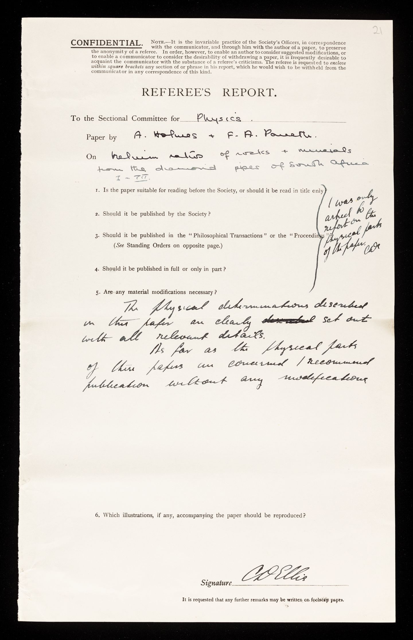 Referee's report by Charles Drummond Ellis, on a paper 'Helium-ratios ...