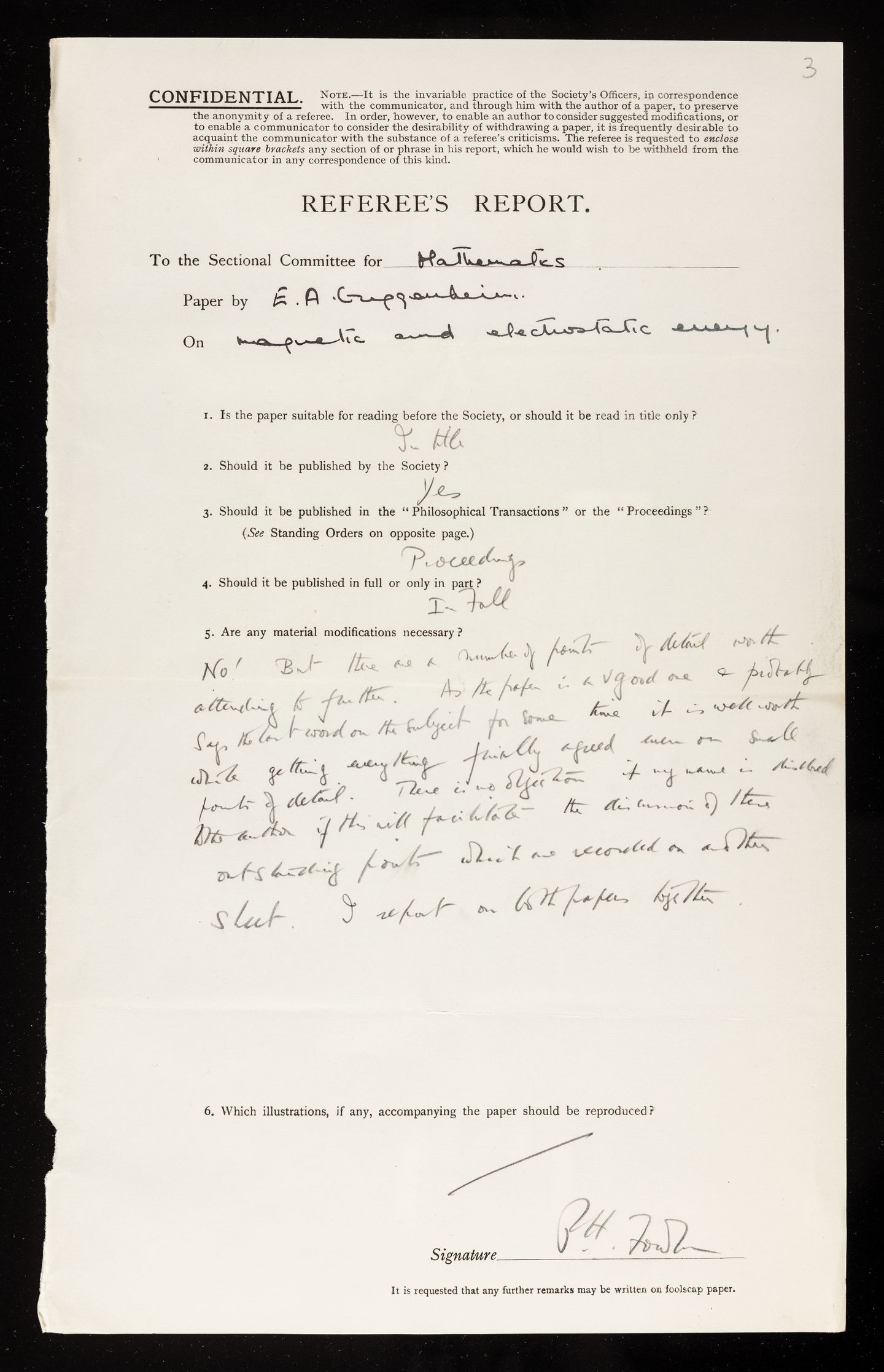 Referee's report by Ralph Howard Fowler, on a paper 'On magnetic and ...