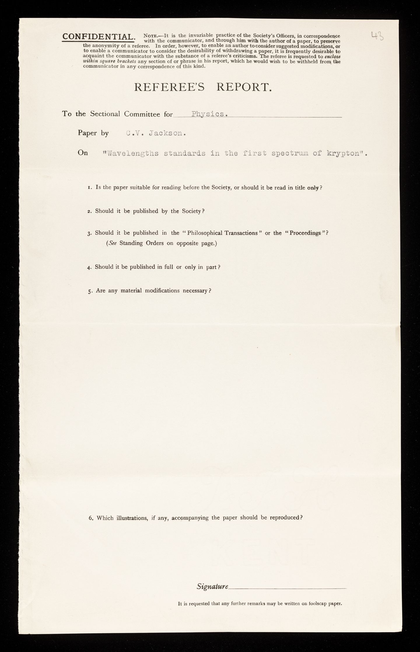 Response to referee by Alfred Fowler, on a paper 'Wave- length ...