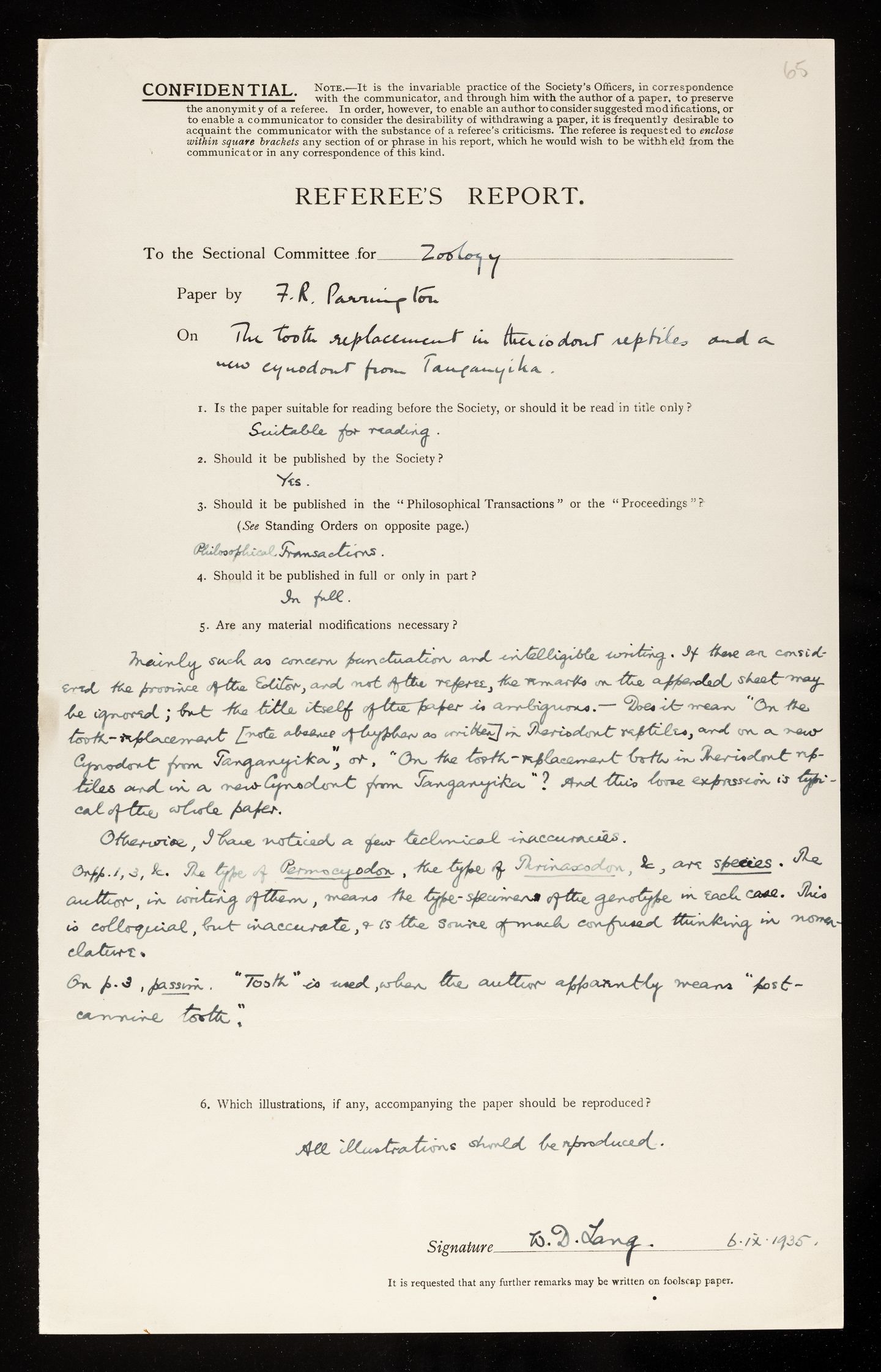 Referee's report by William Dickson Lang, on a paper 'On the tooth ...
