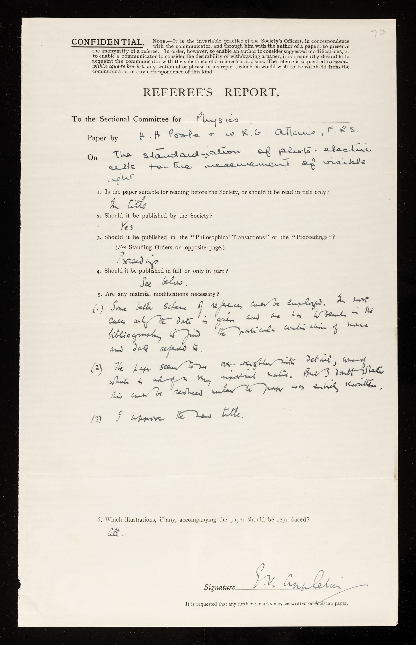 Referee's report by Edward Victor Appleton, on a paper 'The ...
