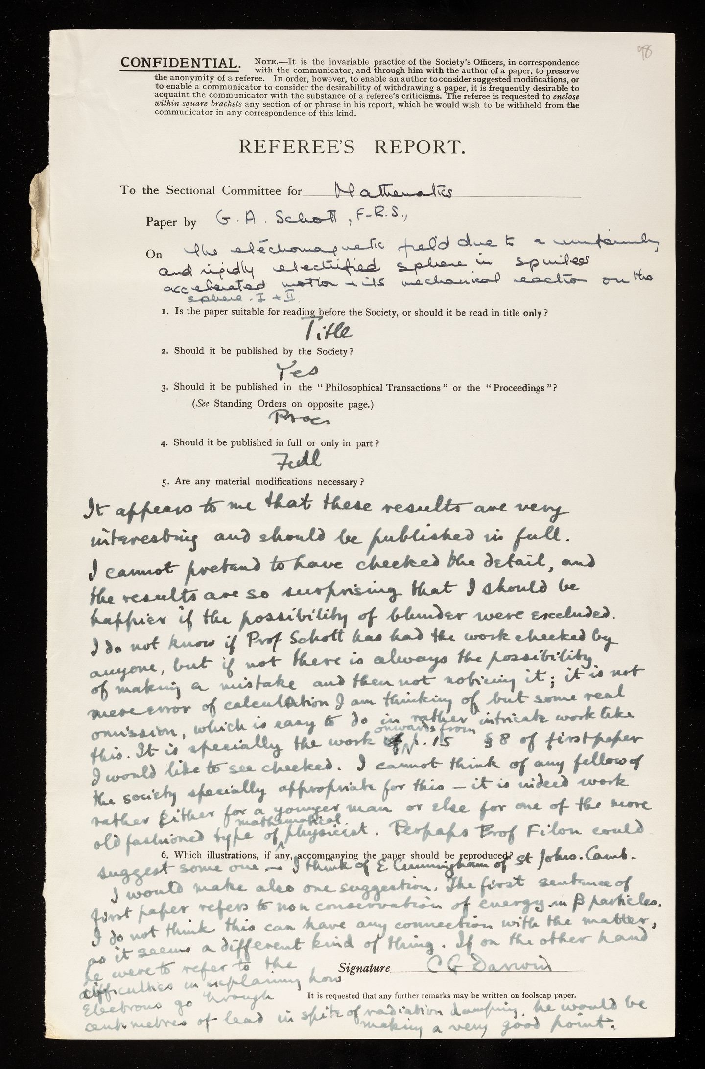 Referee's report by Charles Galton Darwin, on a paper 'The ...
