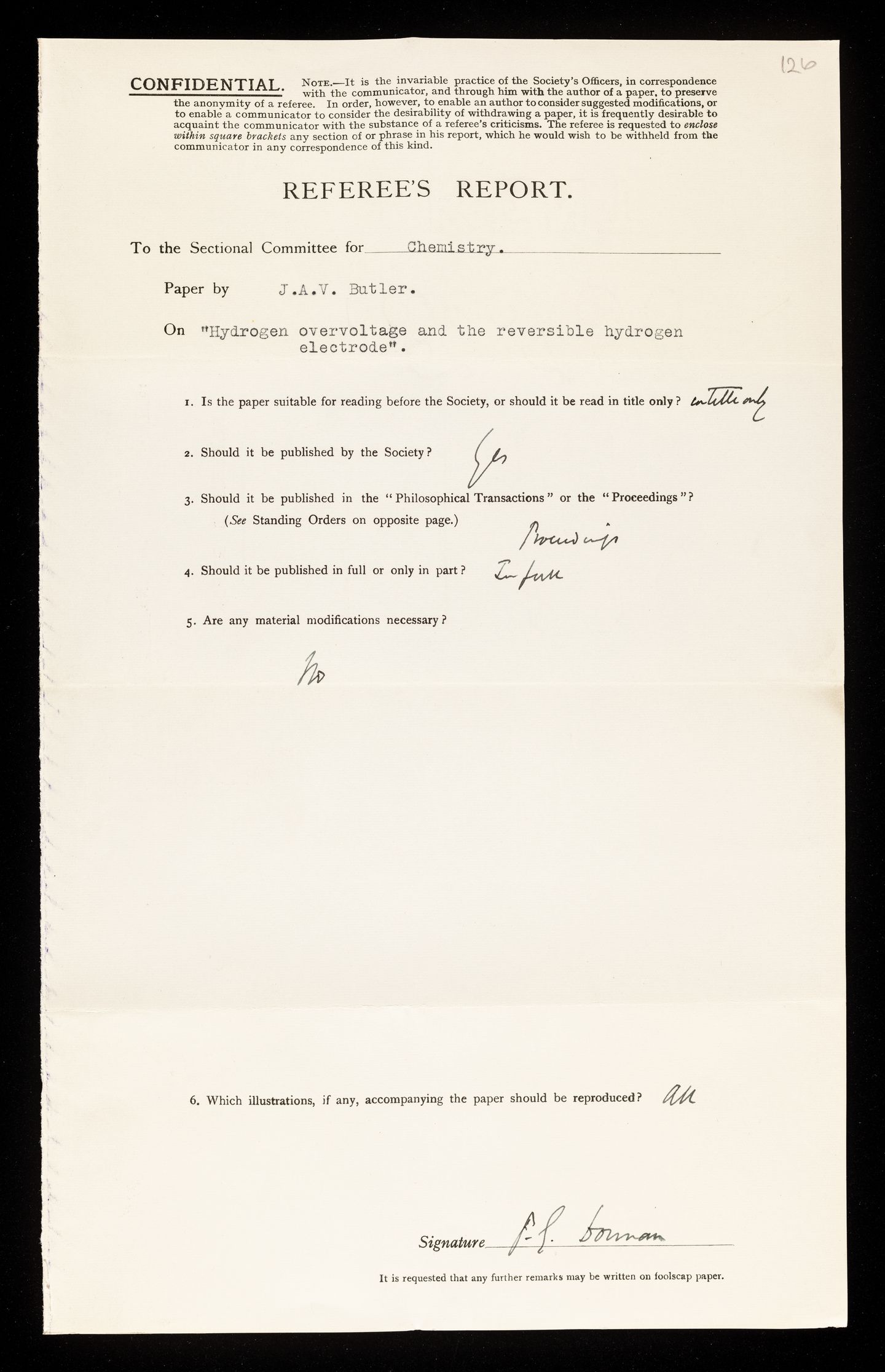 Referee's report by Frederick George Donnan, on a paper 'Hydrogen ...