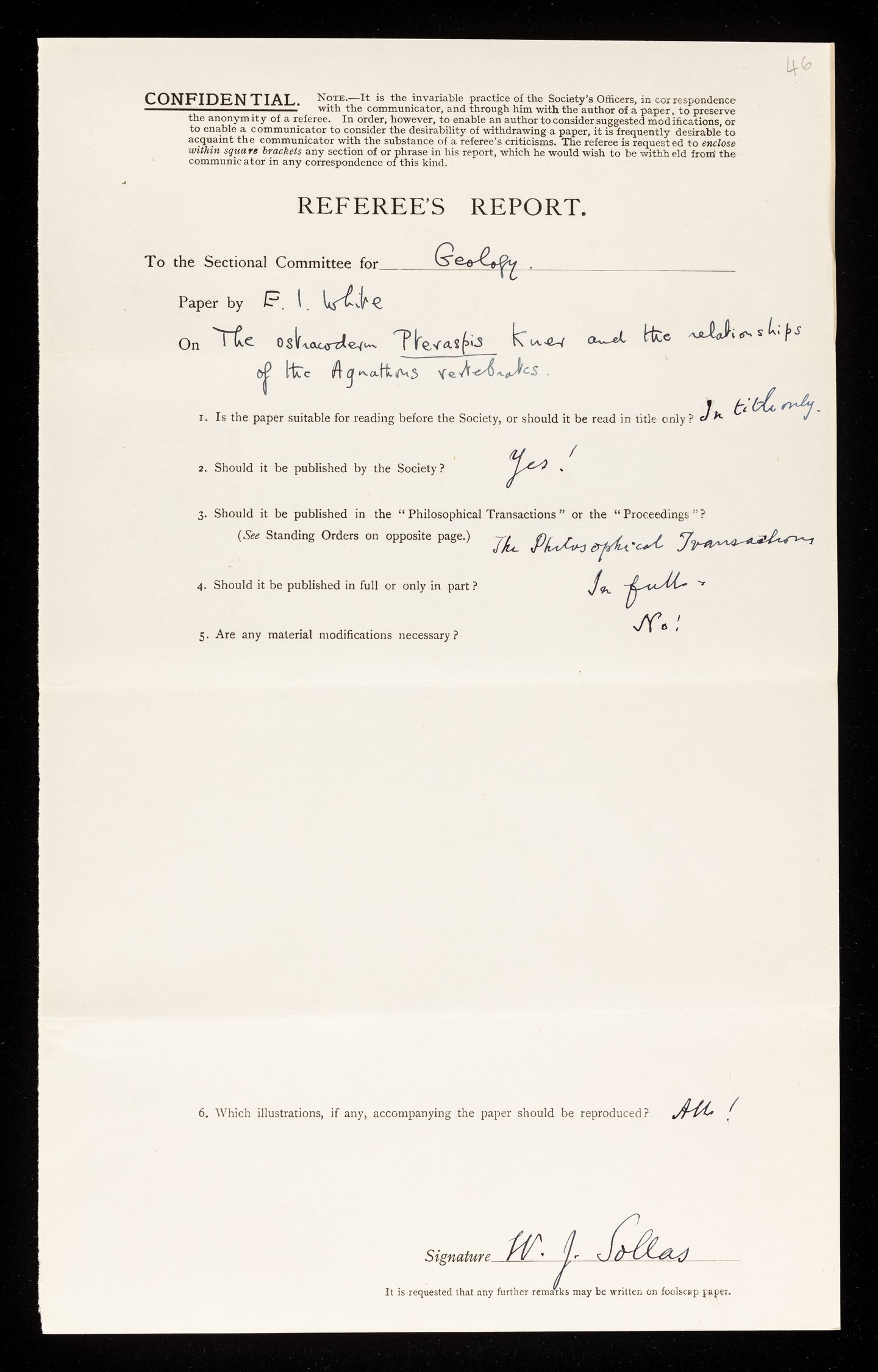 Referee's report by William Johnson Sollas, on a paper 'The ostracoderm ...