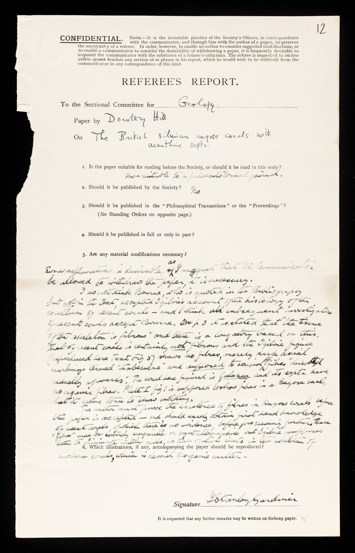 Referee's report by John Stanley Gardiner, on a paper 'The British ...