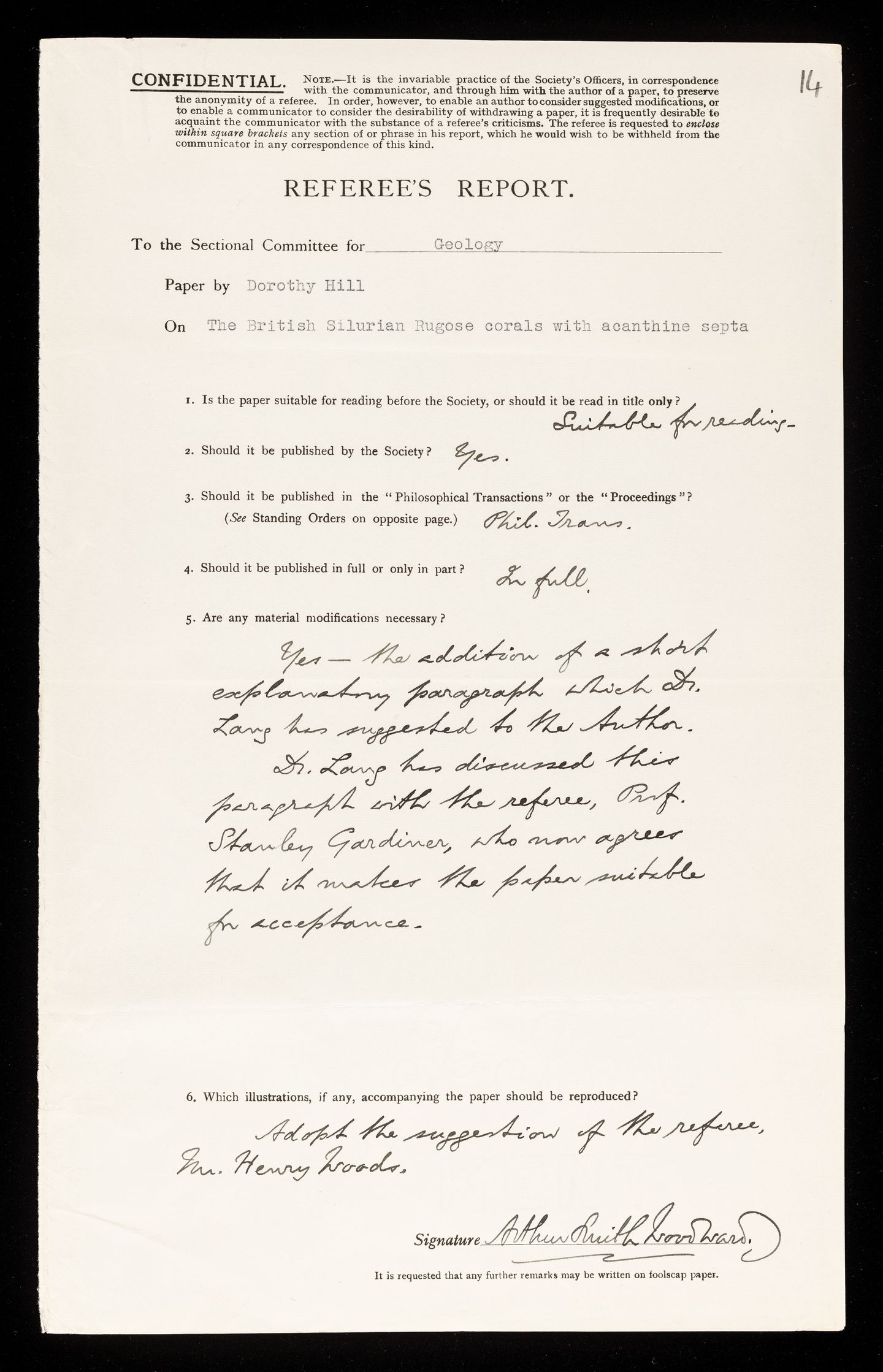 Referee's report by Arthur Smith Woodward, on a paper 'The British ...