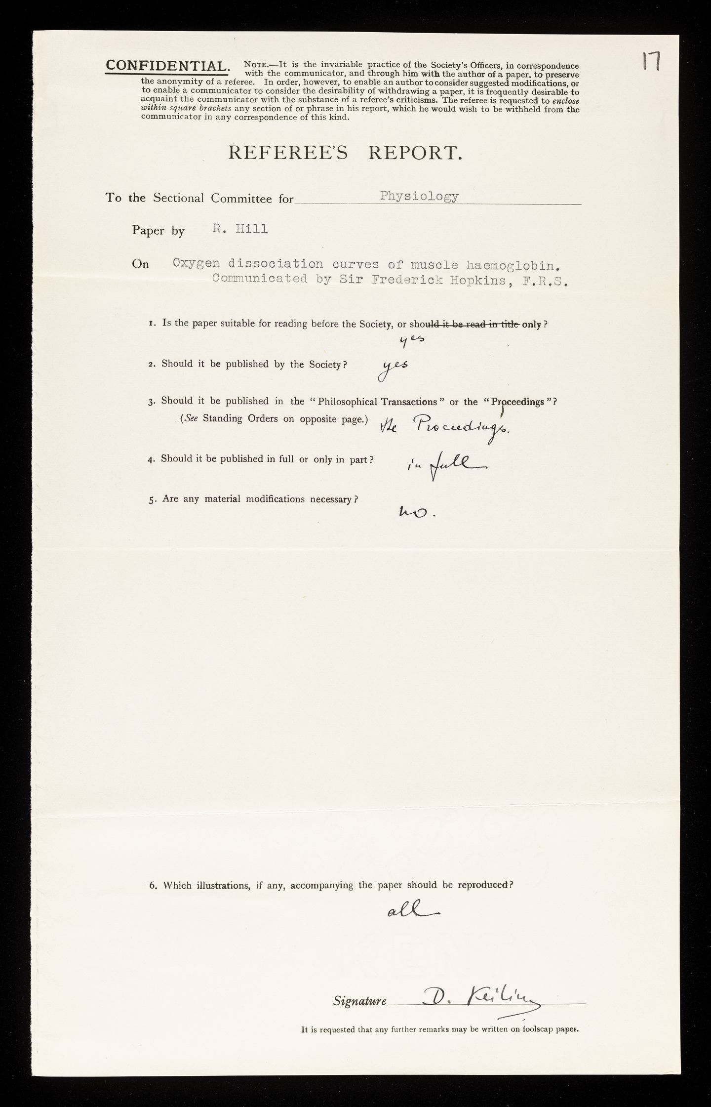 Referee's report by Archibald Vivian Hill, on a paper 'Oxygen ...