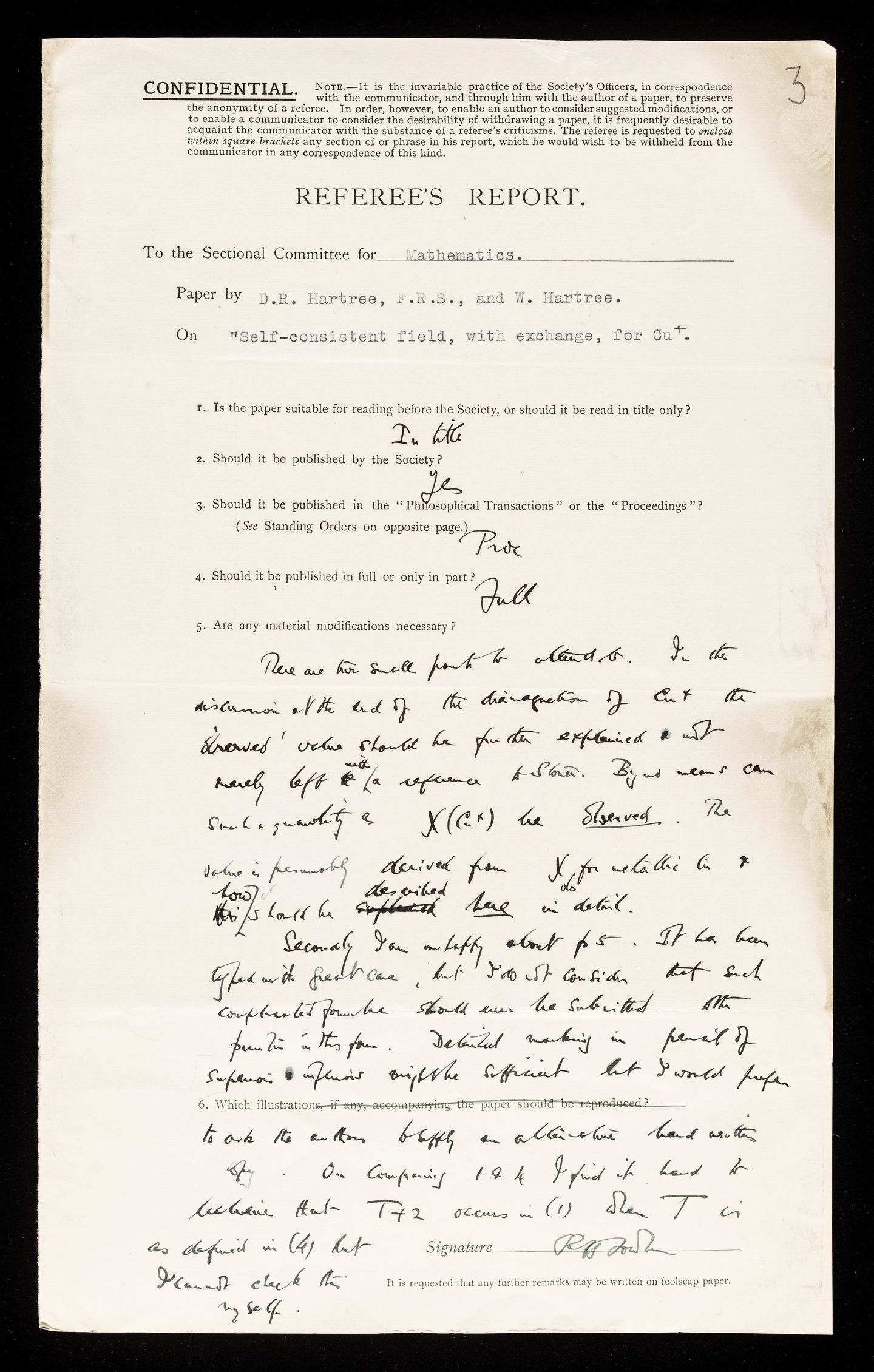Referee's report by Ralph Howard Fowler, on a paper 'Self-consistent ...