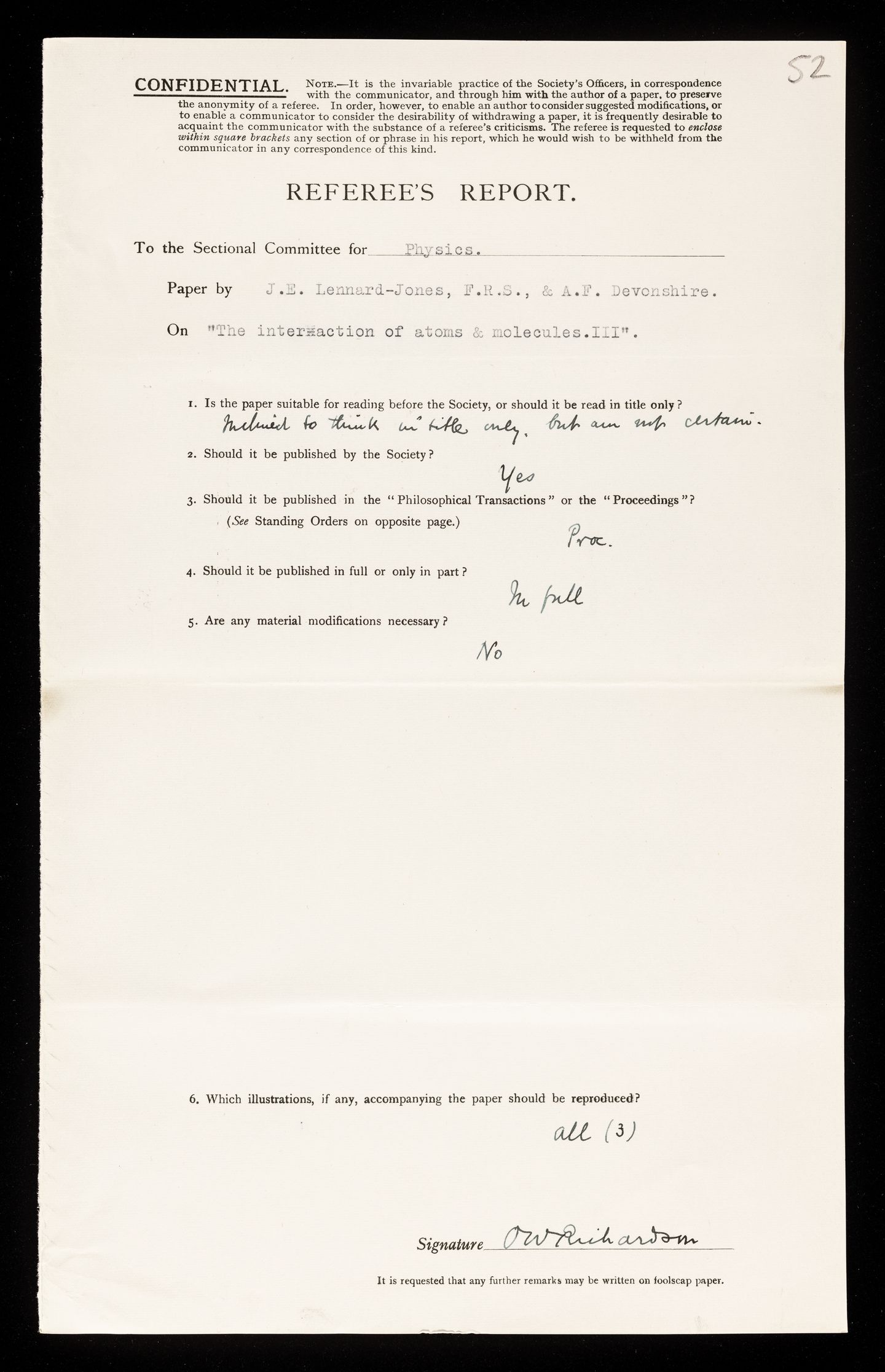 Referee's report by Owen Willans Richardson, on a paper 'The interaction of atoms and molecules ...