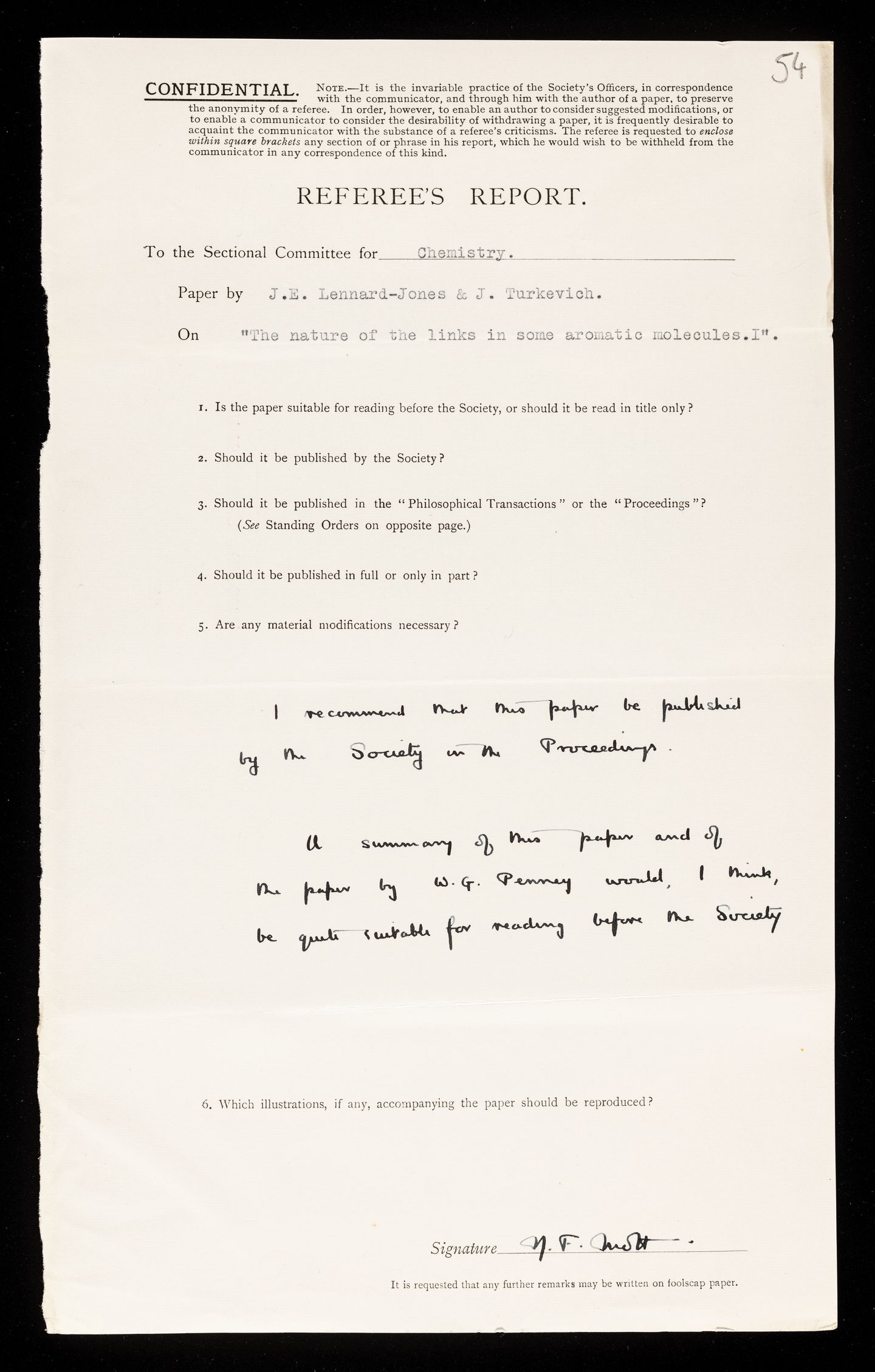 Referee's report by Nevill Francis Mott, on a paper 'The electronic structure of some polyenes ...