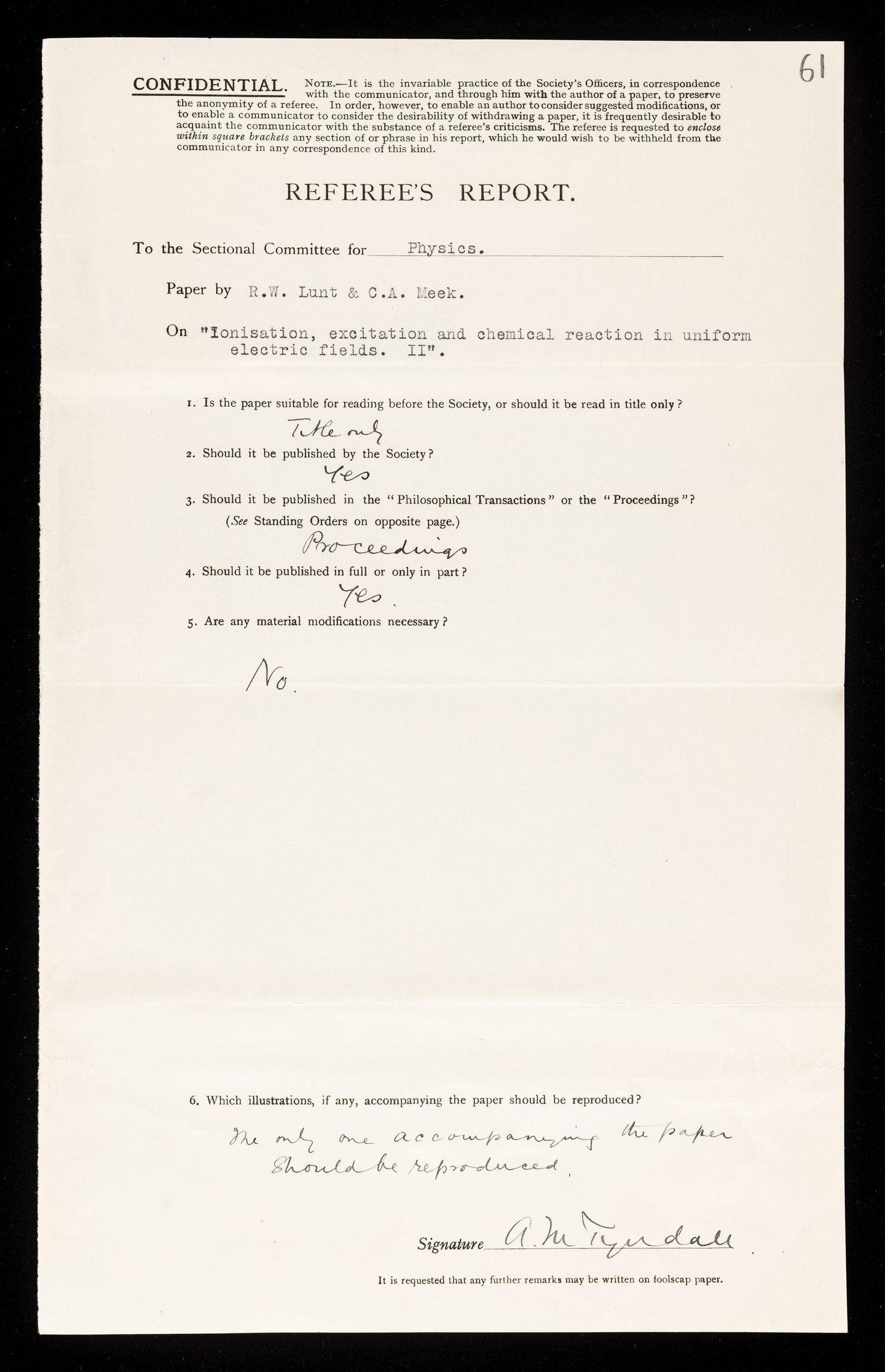 Referee's report by Arthur Mannering Tyndall, on a paper 'Ionization ...