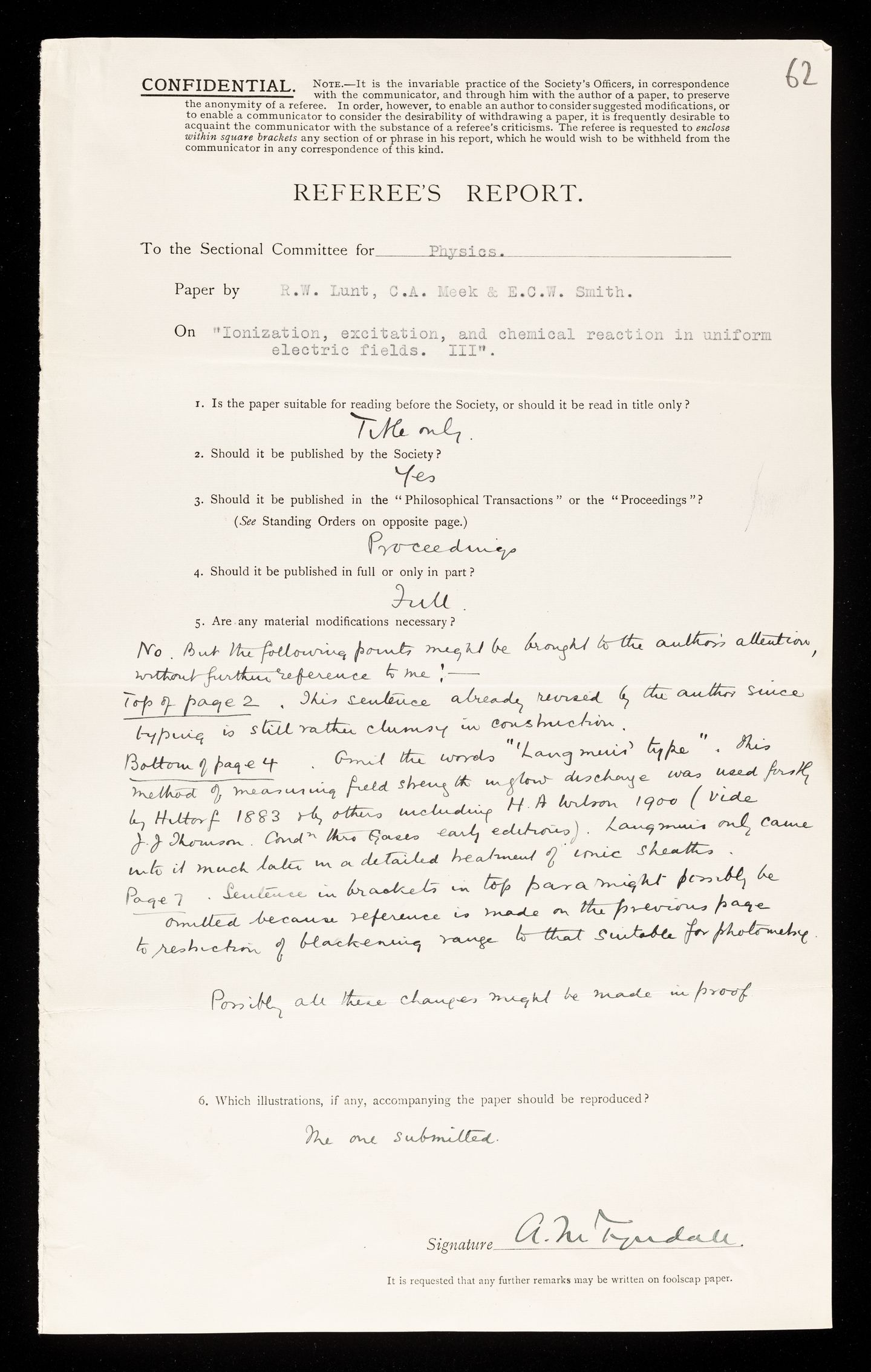 Referee's report by Arthur Mannering Tyndall, on a paper 'Ionization ...