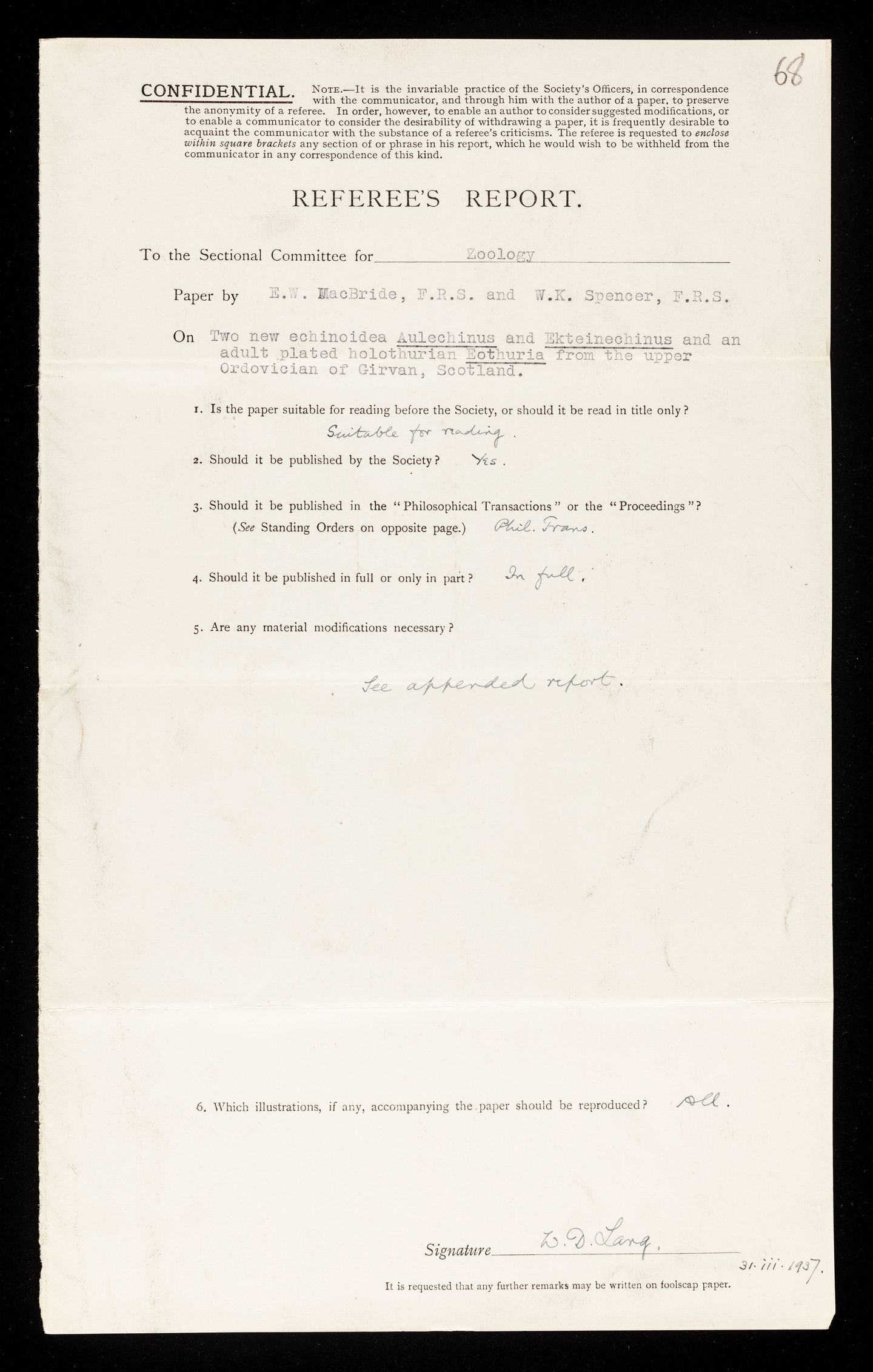 Referee's report by William Dickson Lang, on a paper 'Two new ...