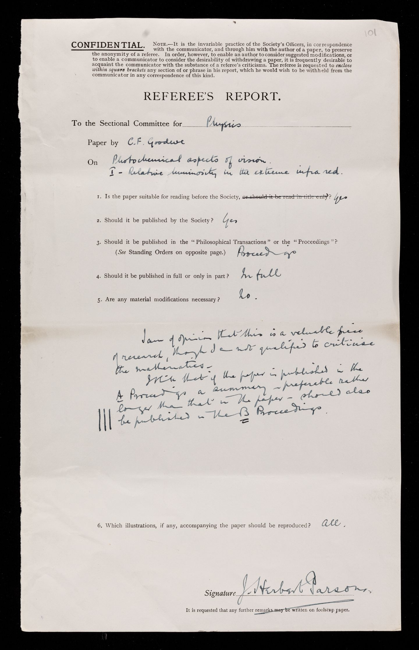 Referee's report by John Herbert Parsons, on a paper 'Relative luminosity in the extreme red' by ...