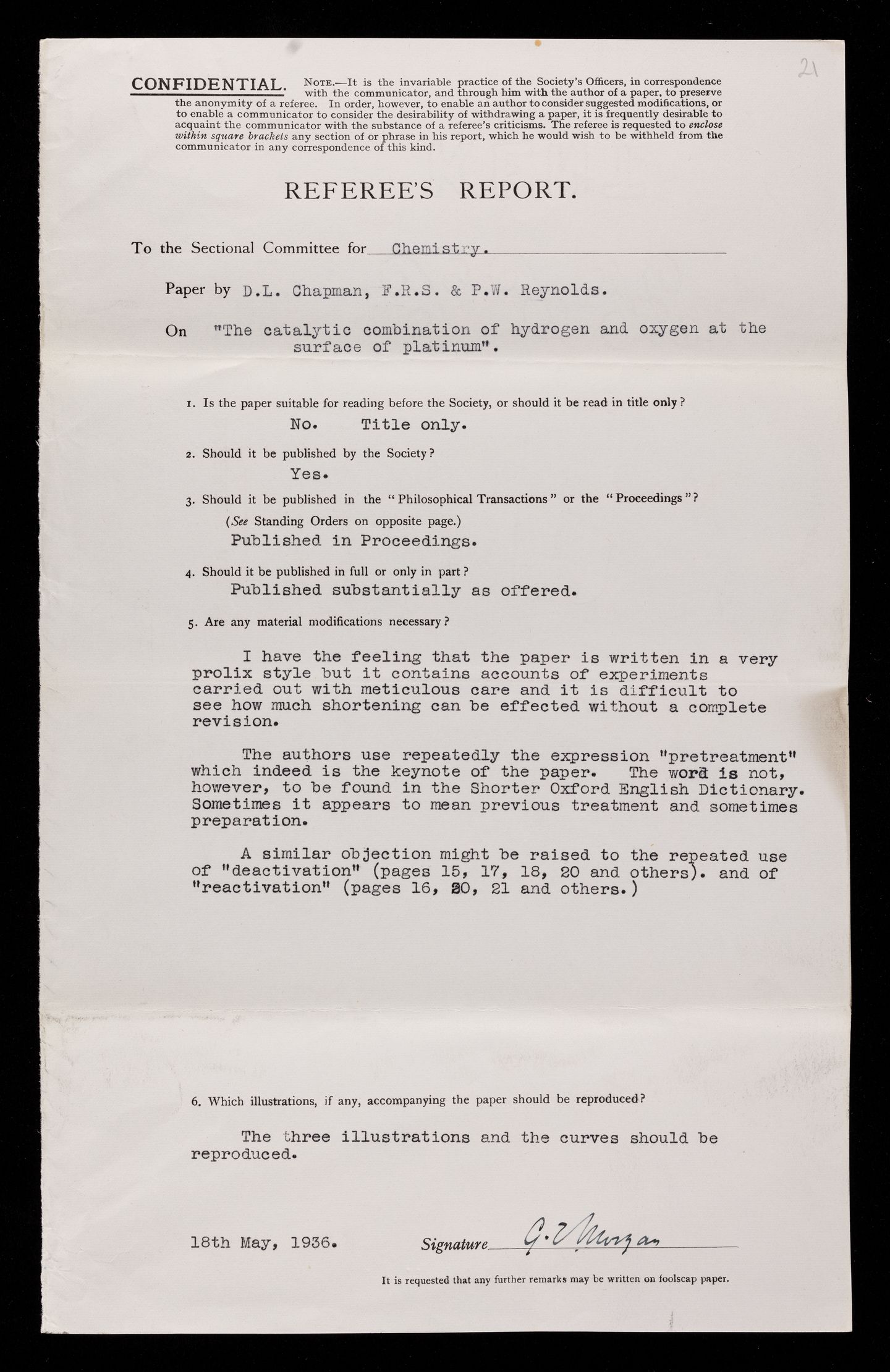 Referee's report by Gilbert Thomas Morgan, on a paper 'The catalytic ...