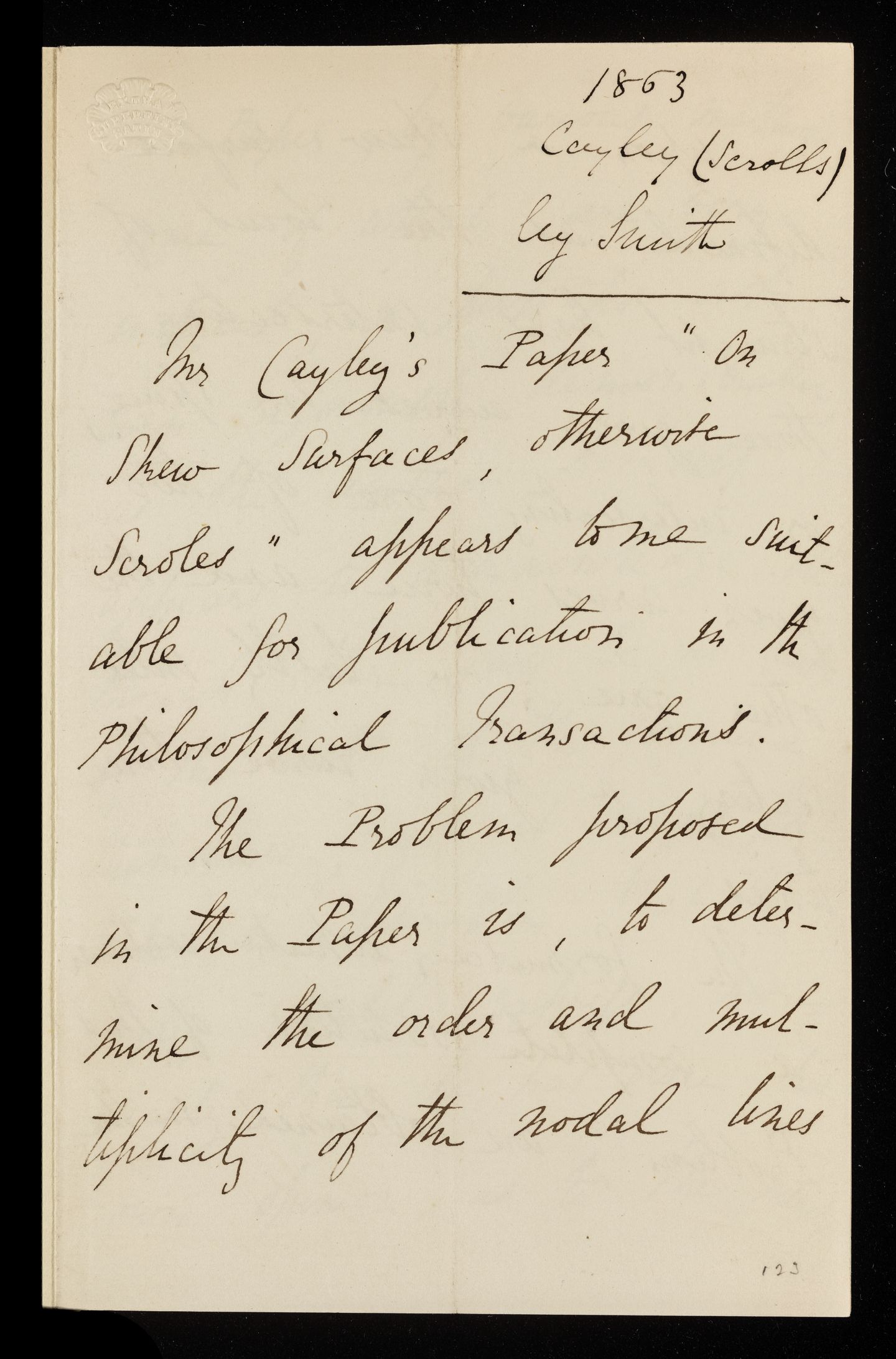 Referee's report by Henry John Stephen Smith, on a paper 'On skew ...