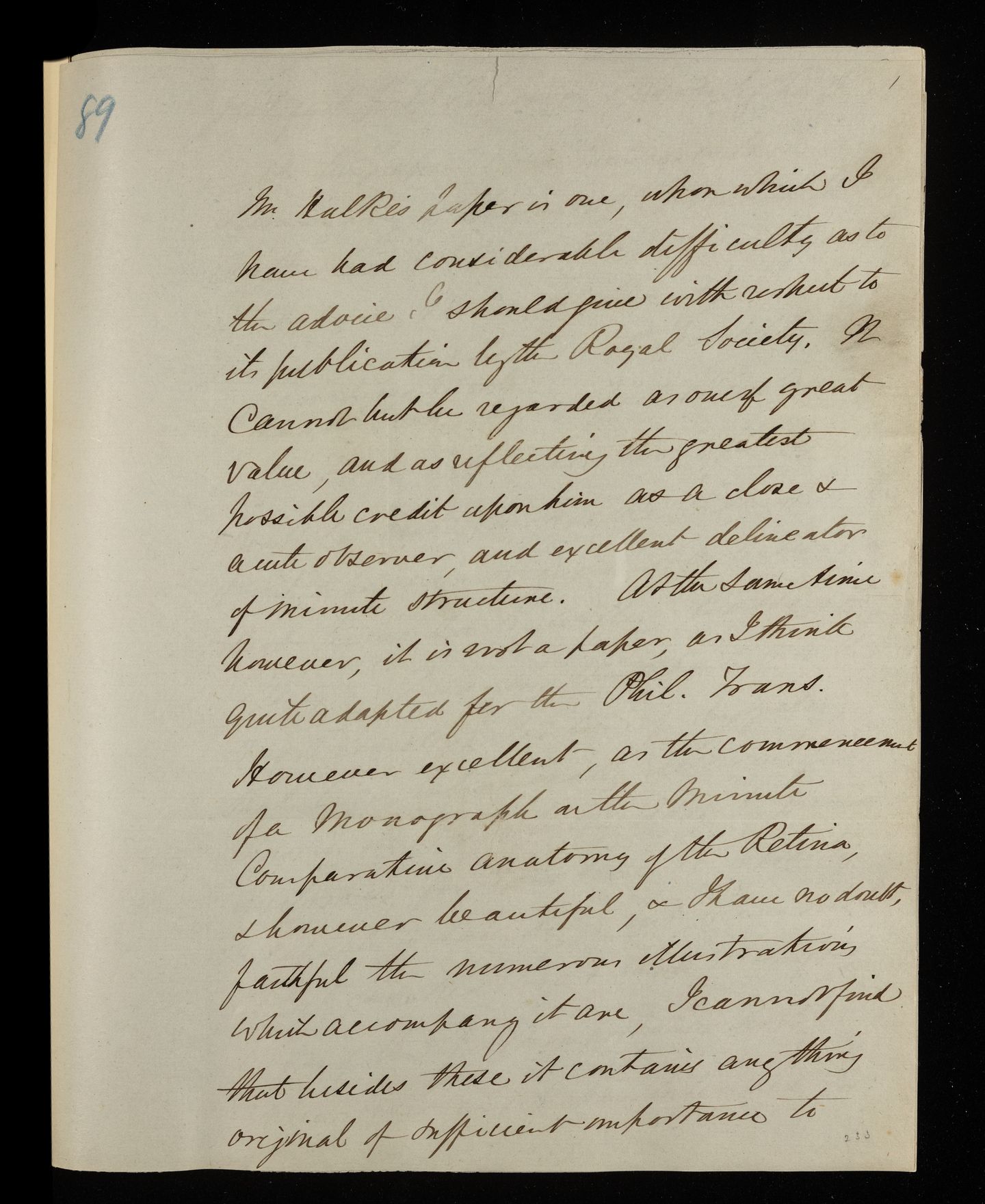 Referee's report by George Busk, on a paper 'On the chameleon's retina ...