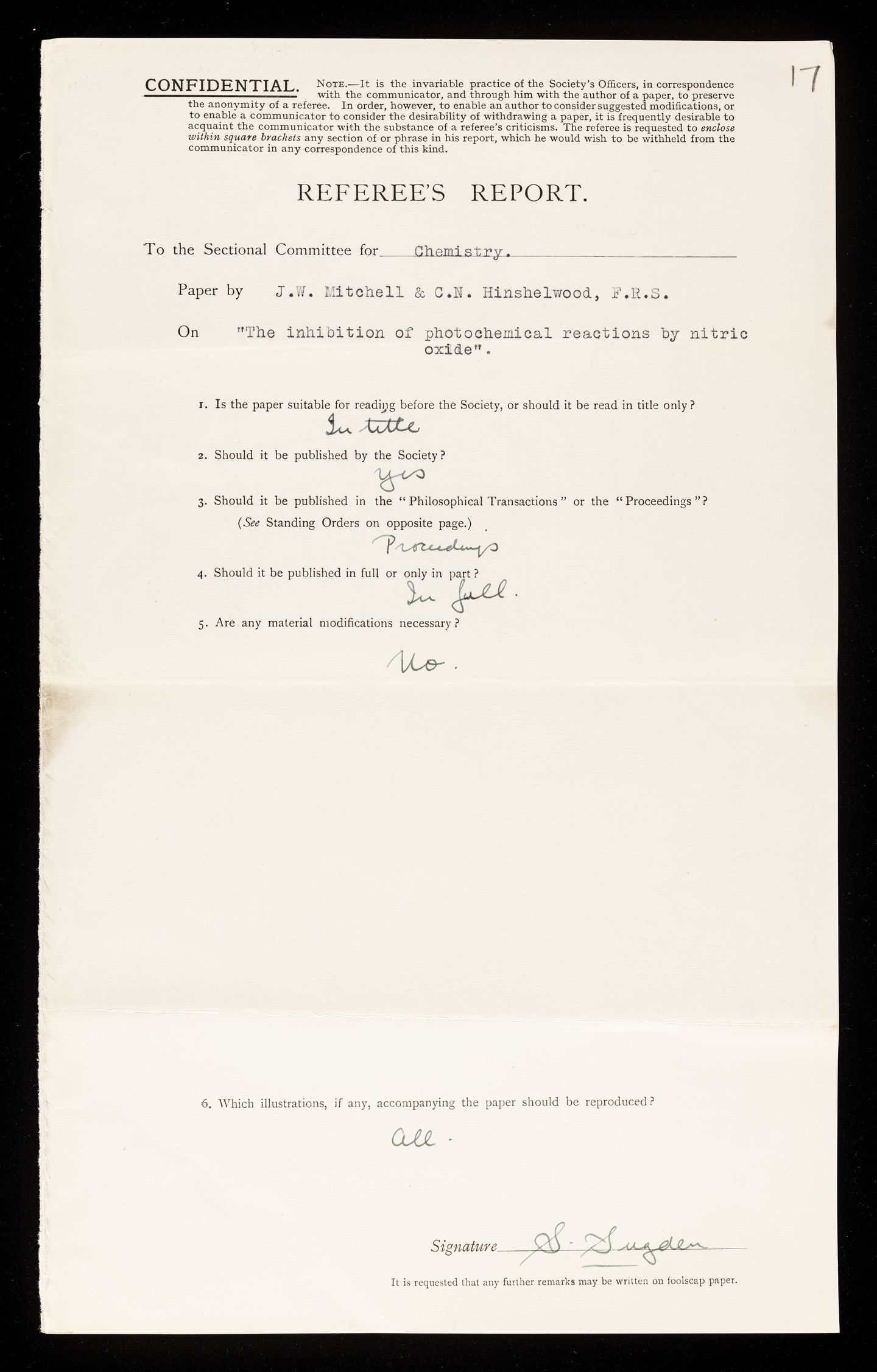 Referee's report by Samuel Sugden, on a paper 'The inhibition of ...