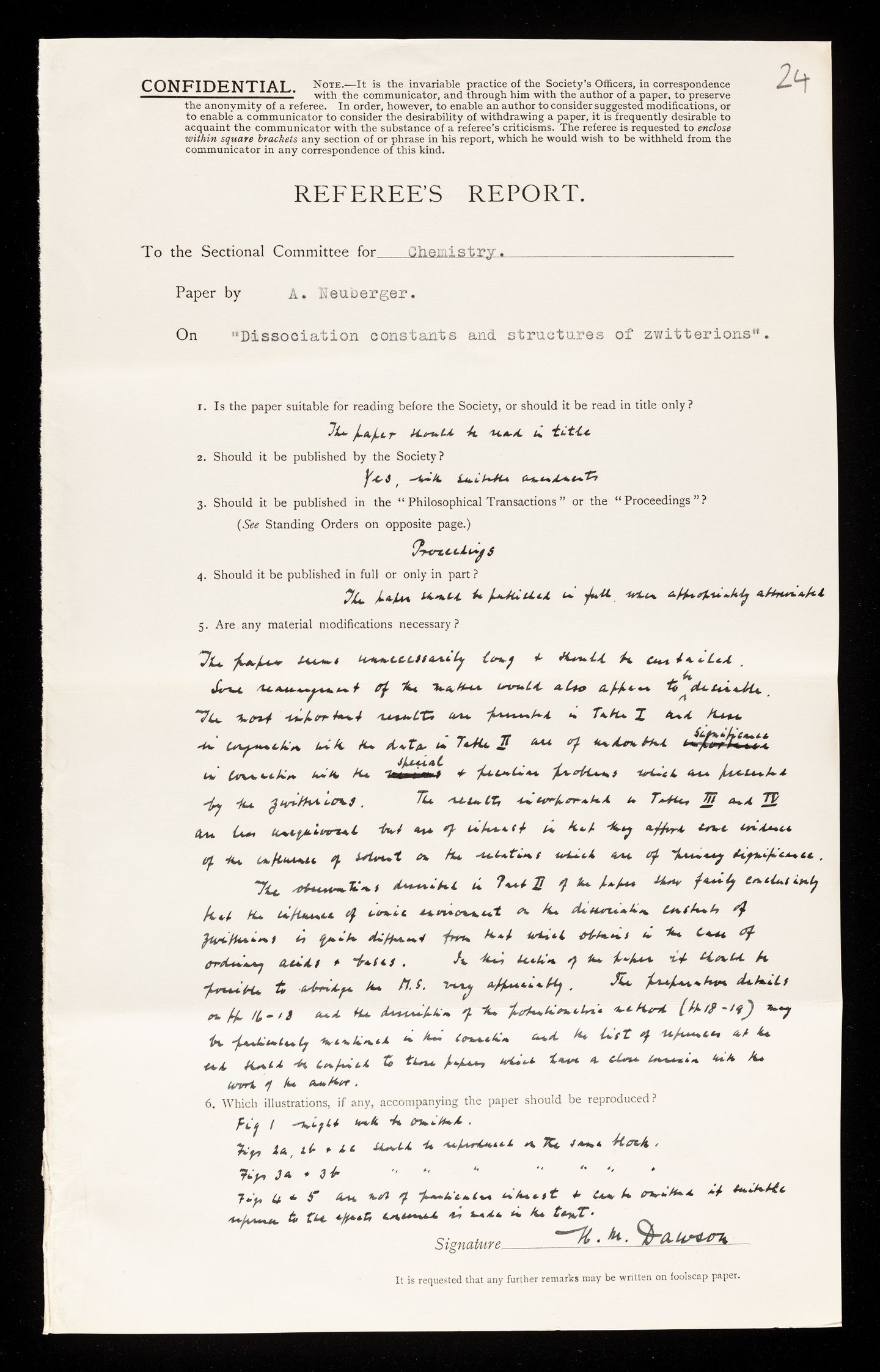 Referee's report by Harry Medforth Dawson, on a paper 'Dissociation ...