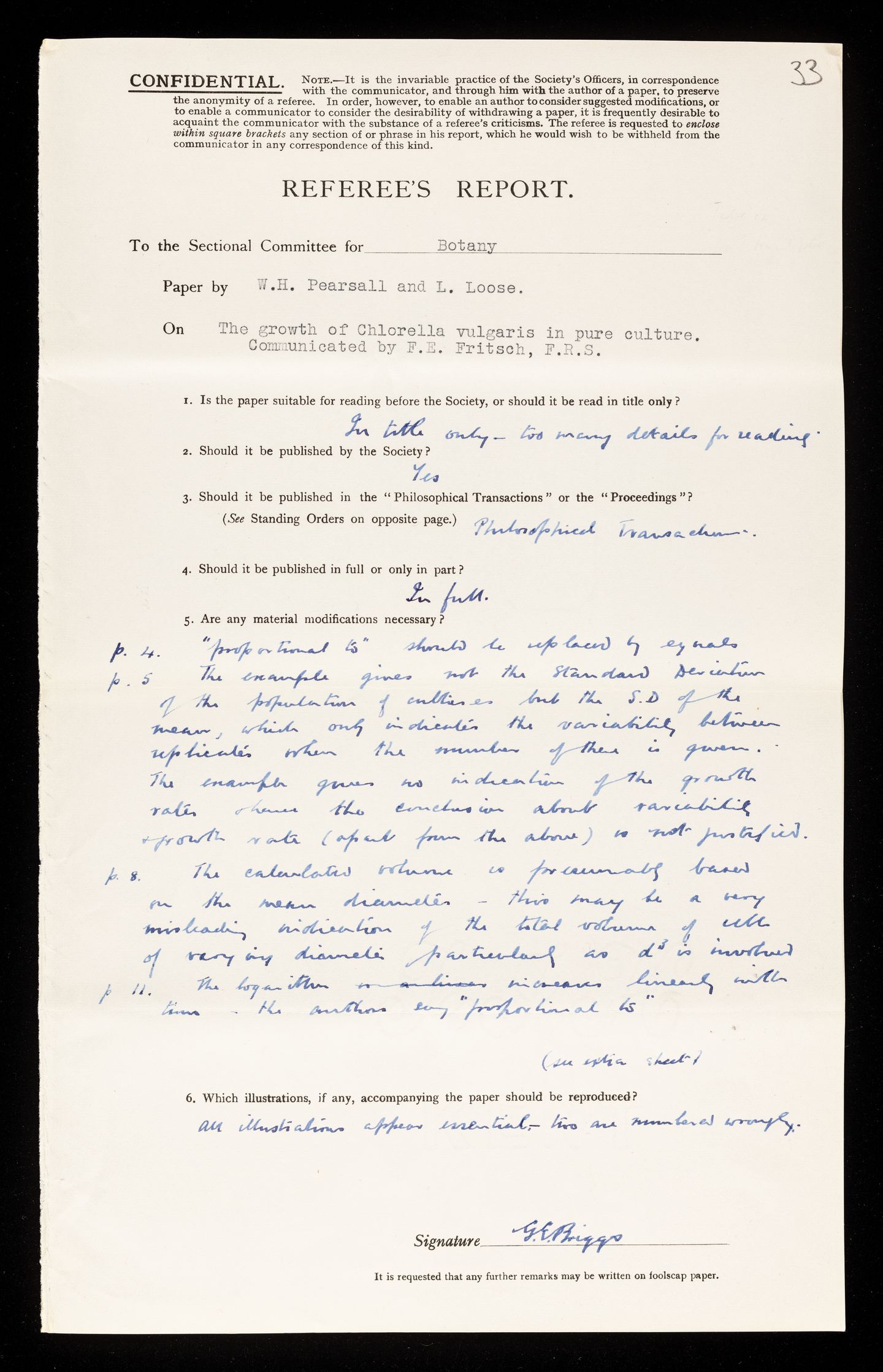 Referee's report by George Edward Briggs, on a paper 'The growth of chlorella vulgaris in pure ...