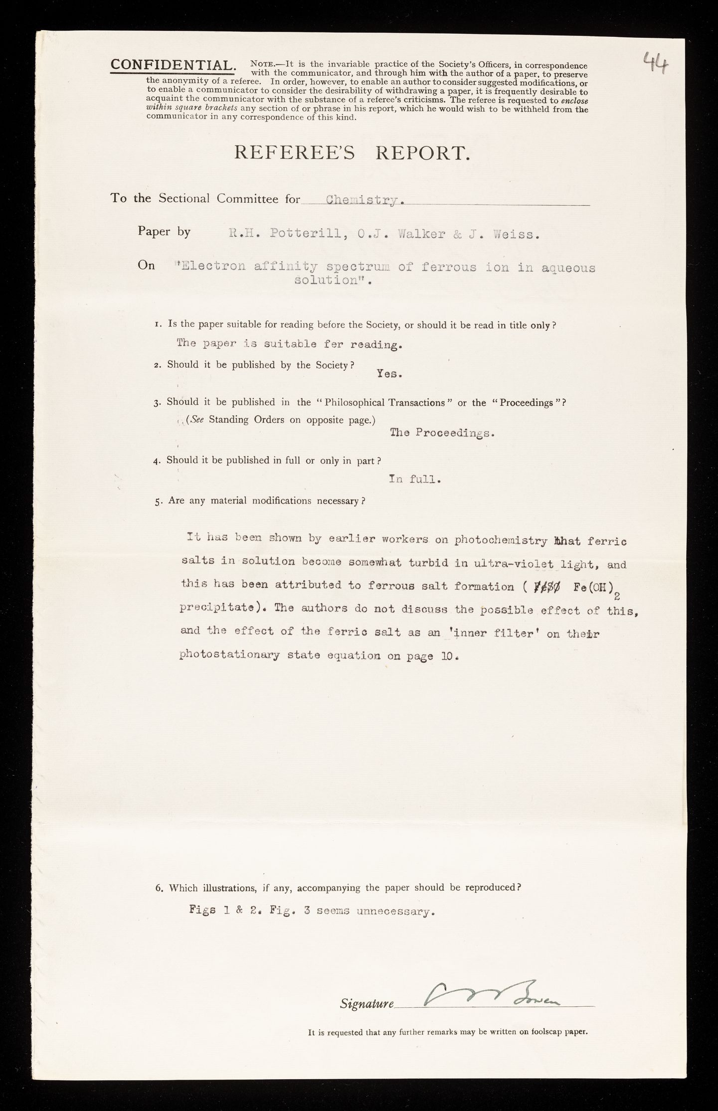 Referee's report by Edmund John Bowen, on a paper 'Electron affinity ...
