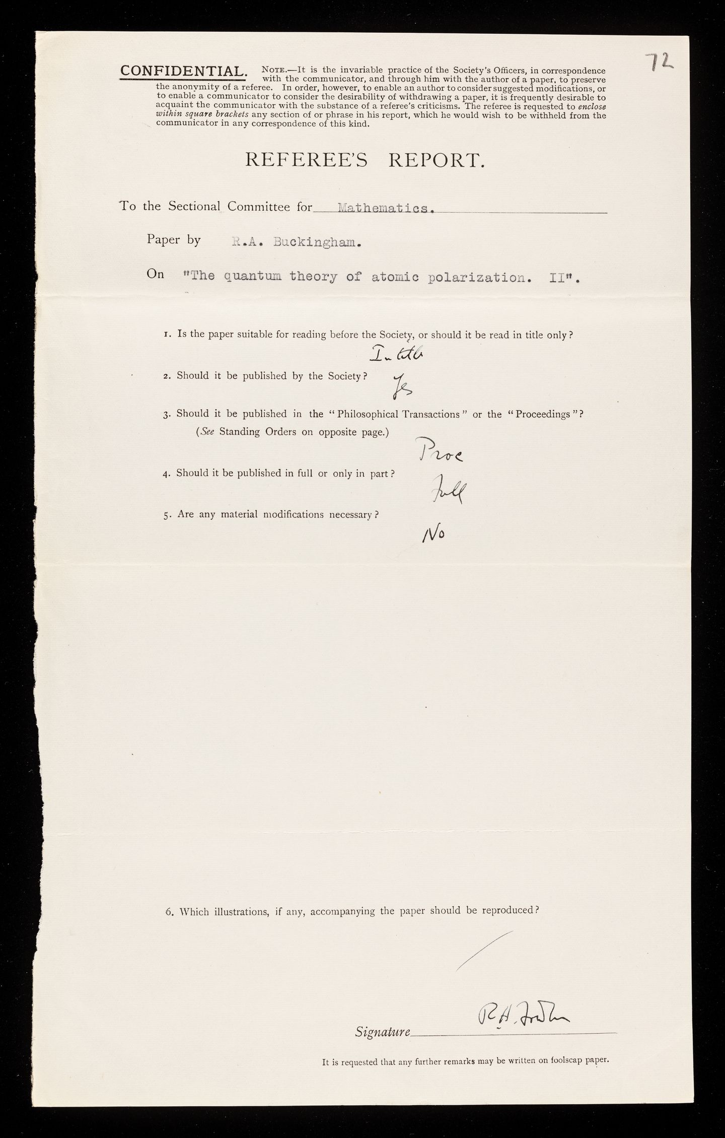 Referee's report by Ralph Howard Fowler, on a paper 'The quantum theory ...