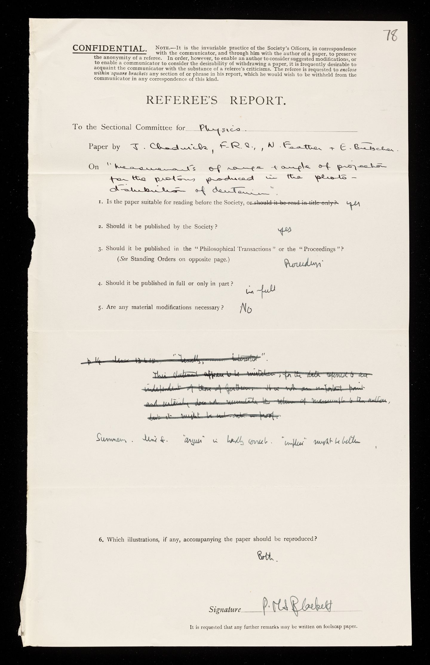 Referee's report by Patrick Marnard Stuart Blackett, on a paper ...