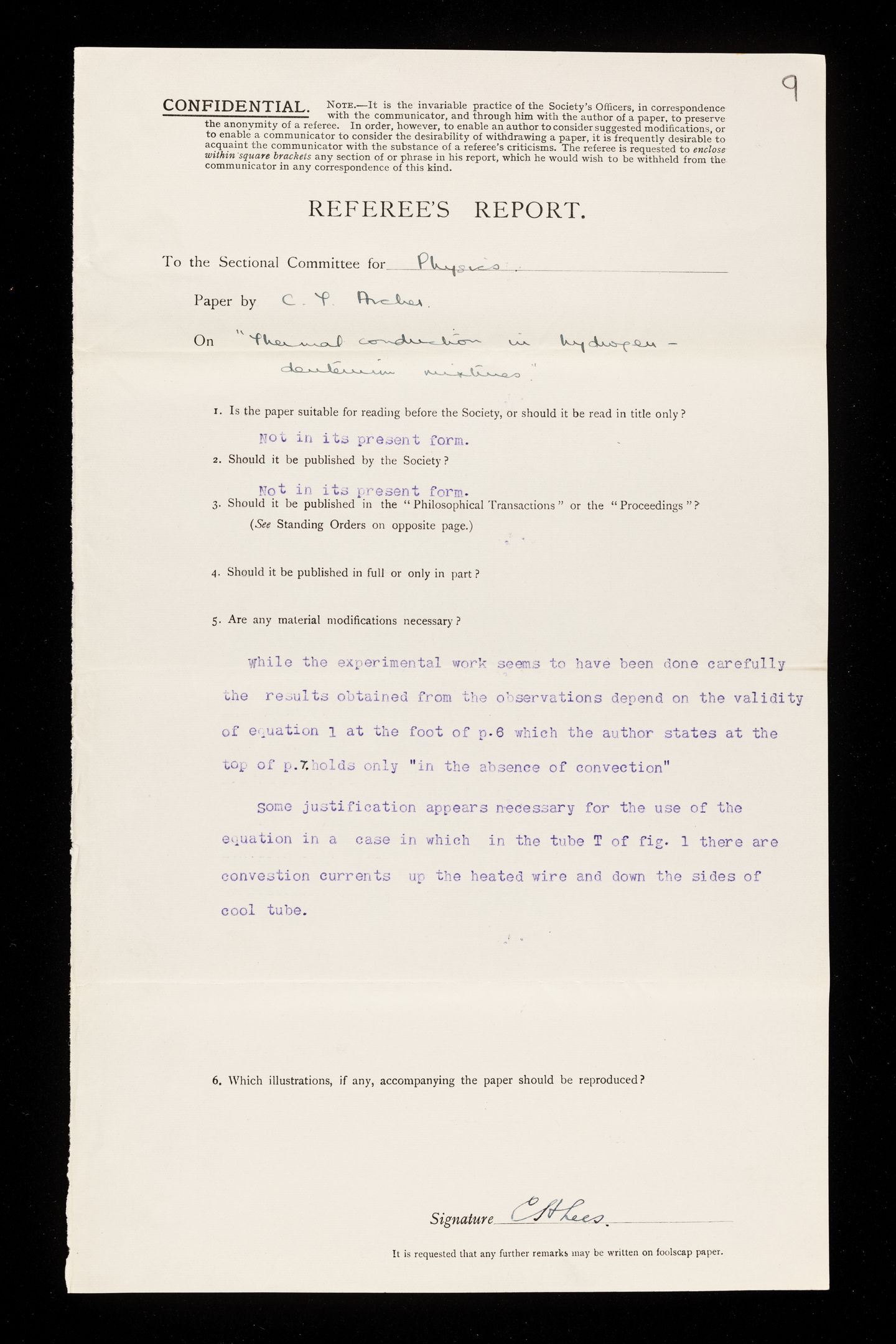 Referee's report by Charles Herbert Lees, on a paper 'Thermal conduction in hydrogen-deuterium ...