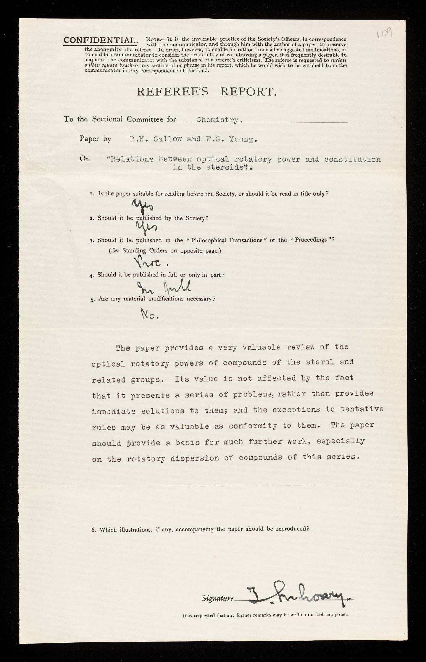 Referee's report by Thomas Martin Lowry, on a paper 'Relations between optical rotatory power ...