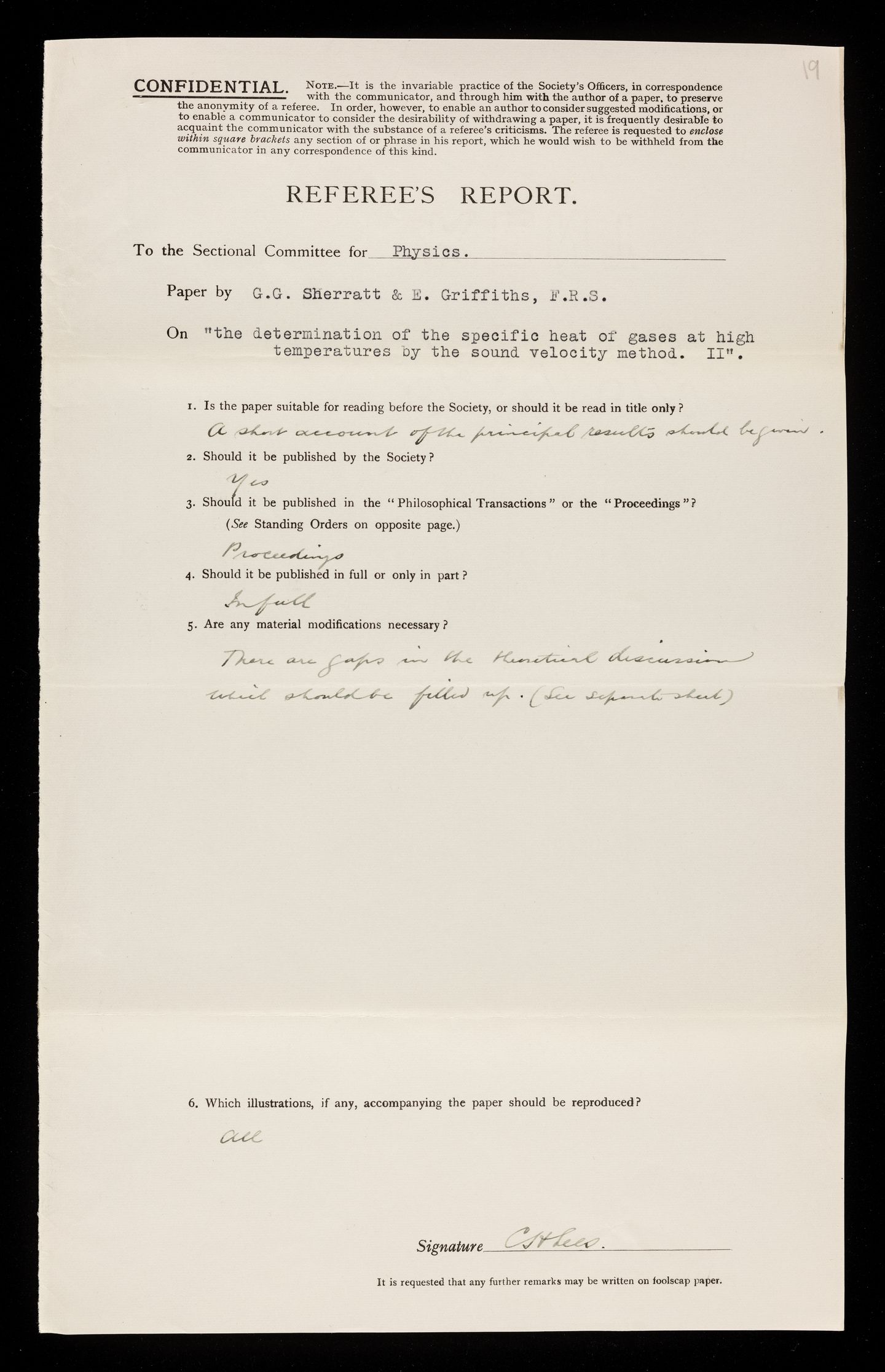 Referee's report by Charles Herbert Lees, on a paper 'The determination of the specific heat of ...
