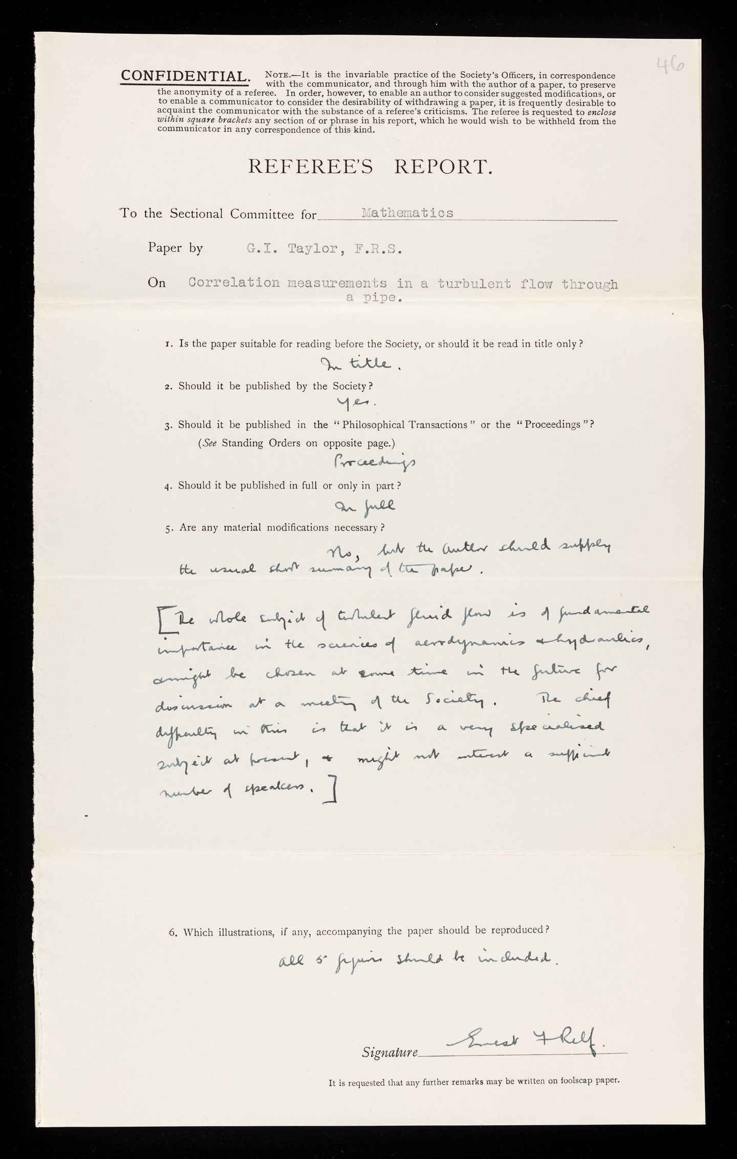 Referee's report by Ernest Frederick Relf, on a paper 'Correlation ...