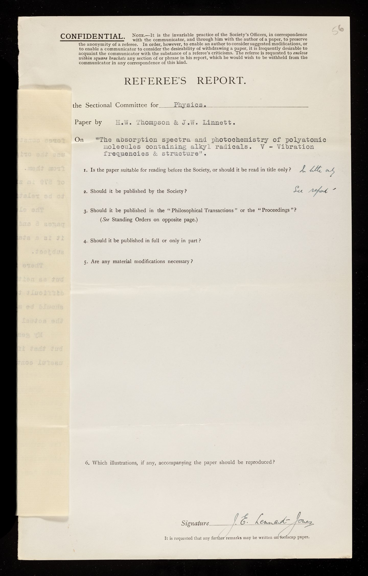 Referee's report by John Edward Lennard-Jones, on a paper 'The absorption spectra and ...