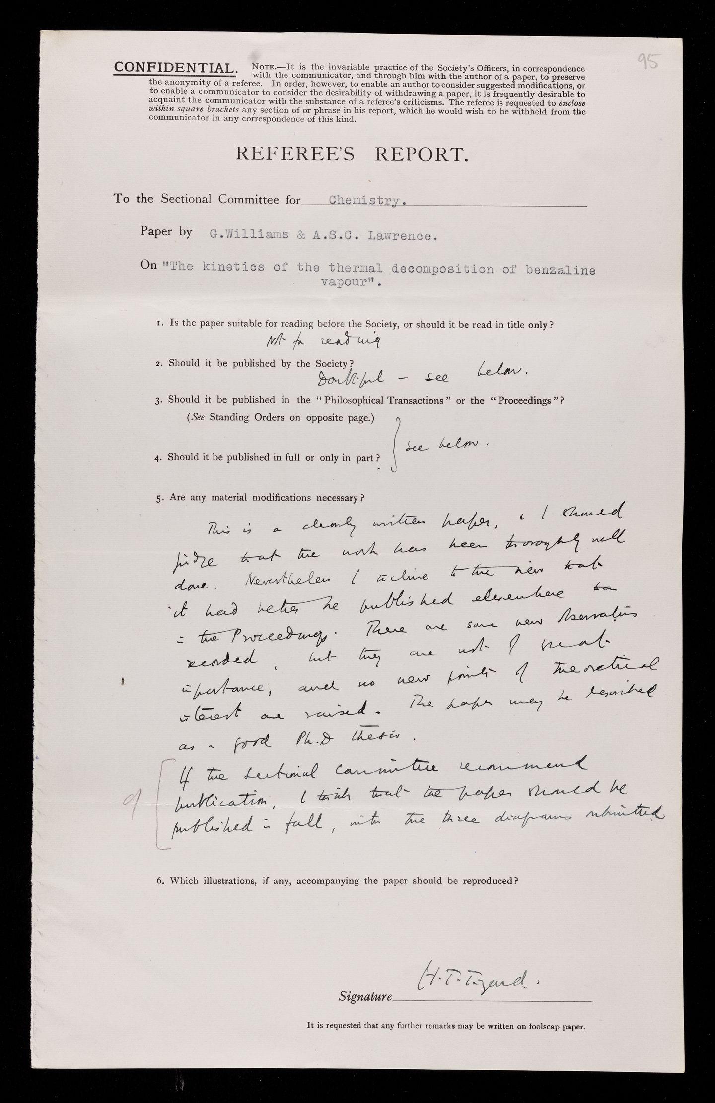 Referee's report by Henry Thomas Tizard, on a paper 'The kinetics of ...