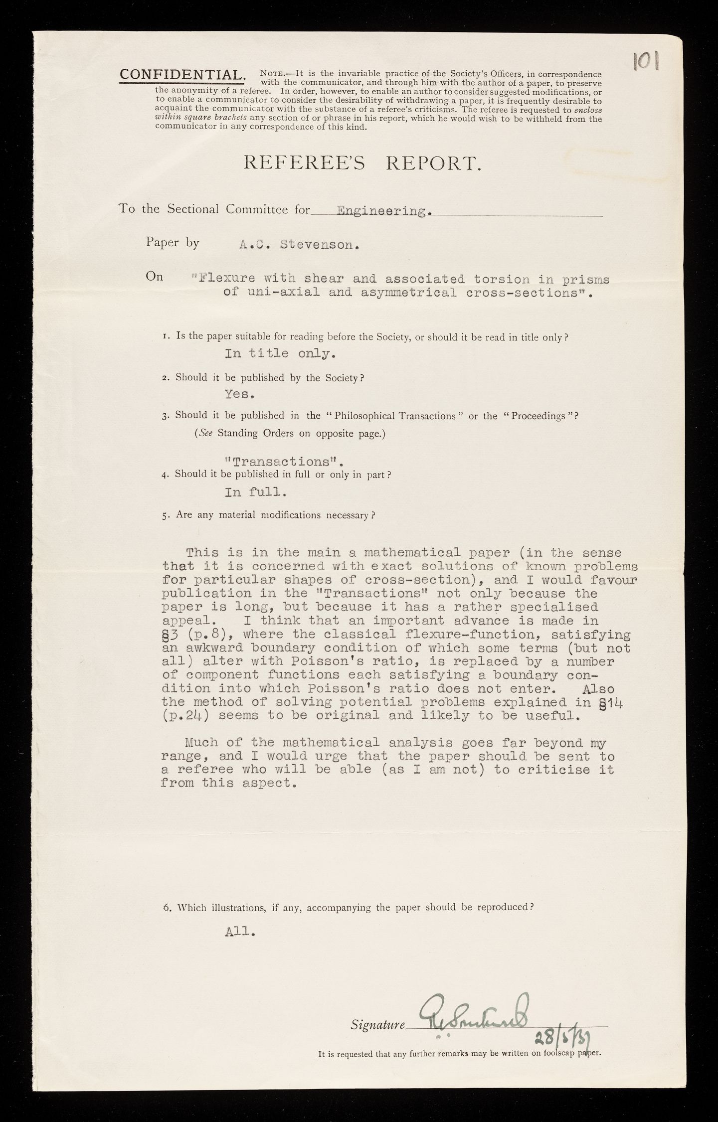 Referee's report by Richard Vynne Southwell, on a paper 'Flexure with ...
